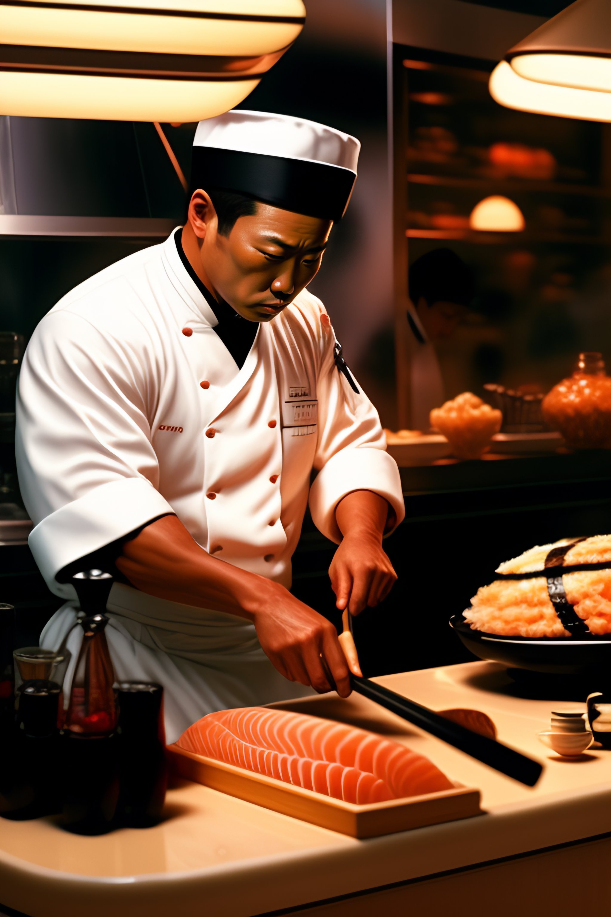 Lexica - "Stressed Sushi Chef busy at work" by Syd Mead, muted color ...