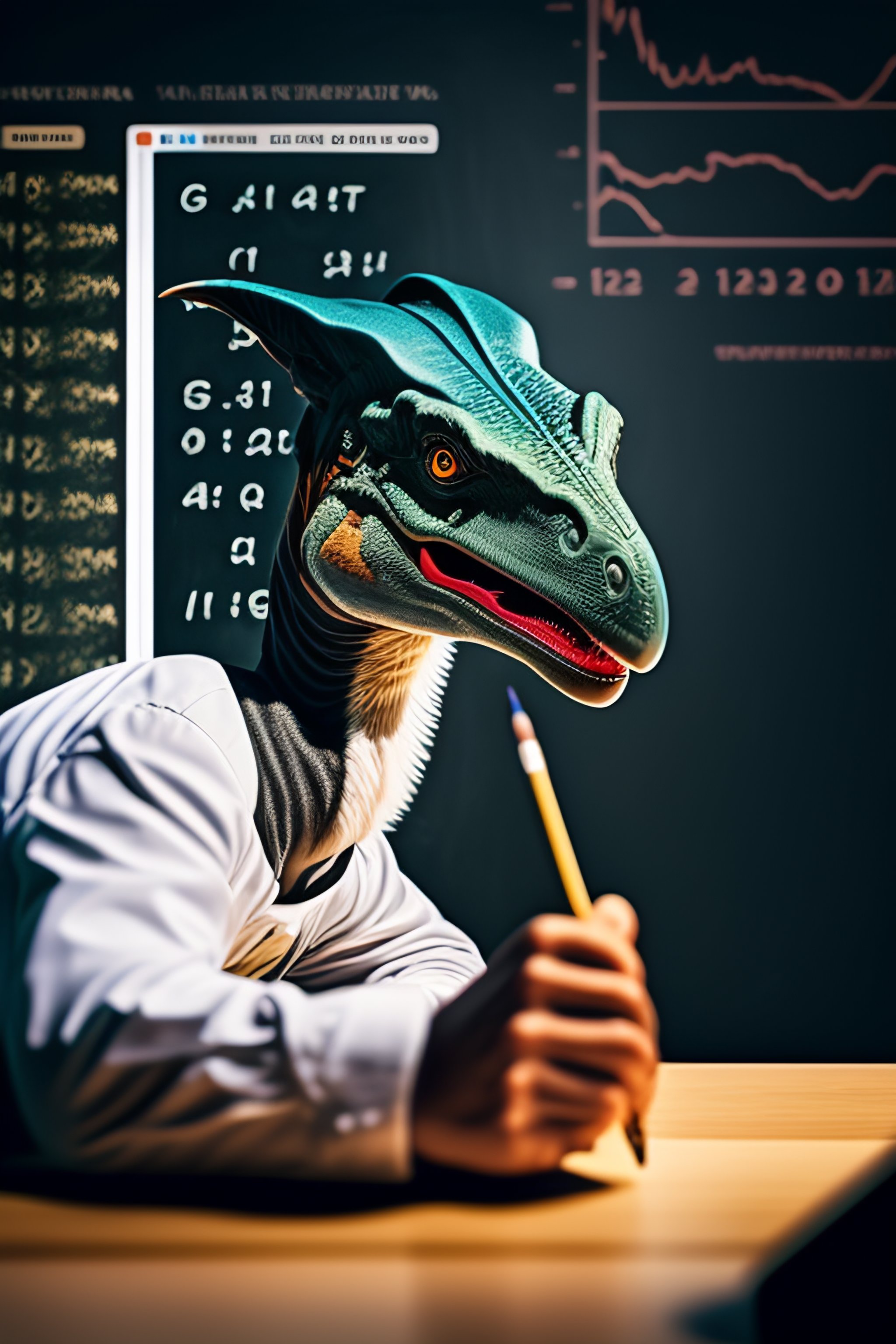 Lexica - Velociraptor doing mathematics on a blackboard