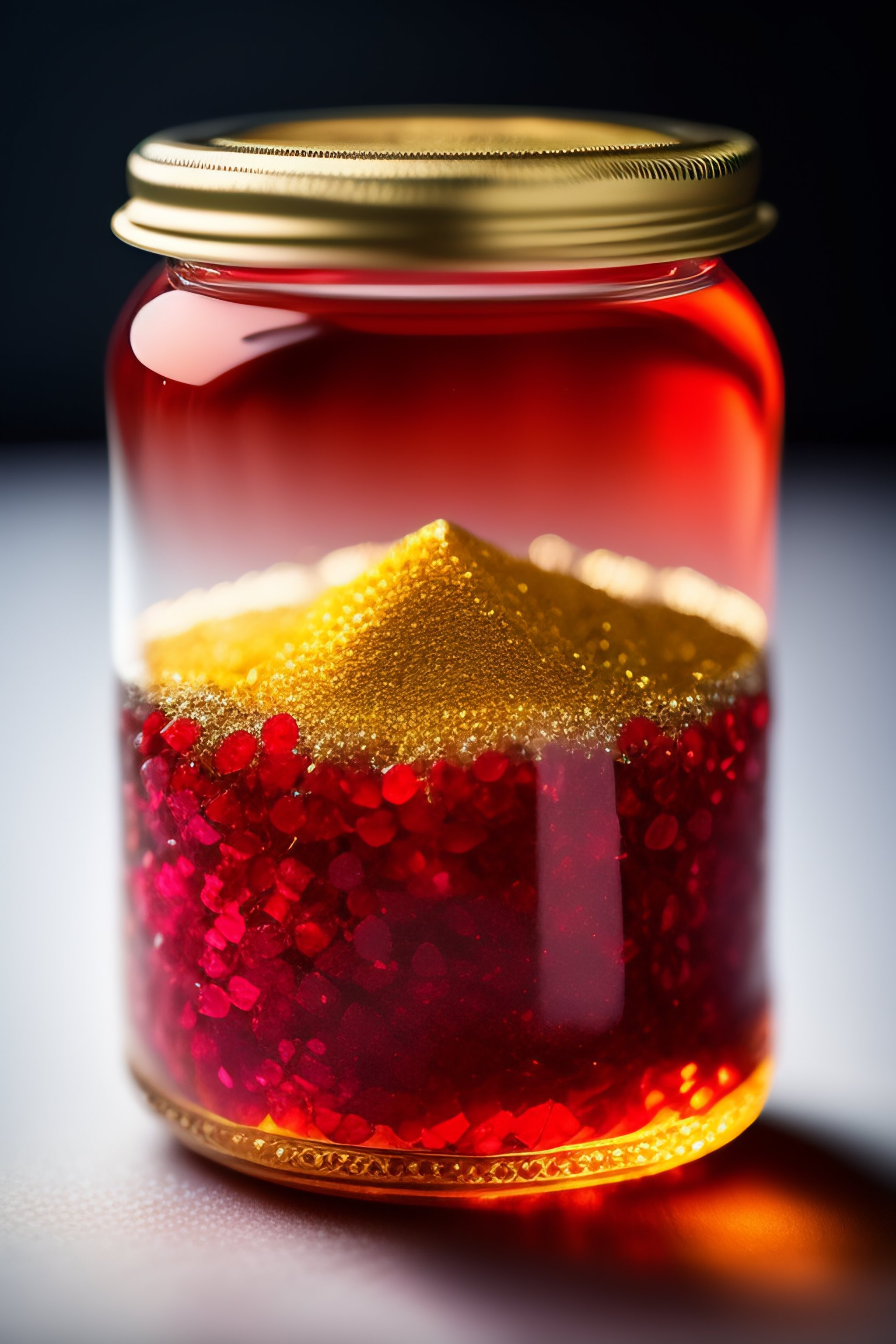 Lexica - Ruby gemstones mixed with gold flakes in a jar