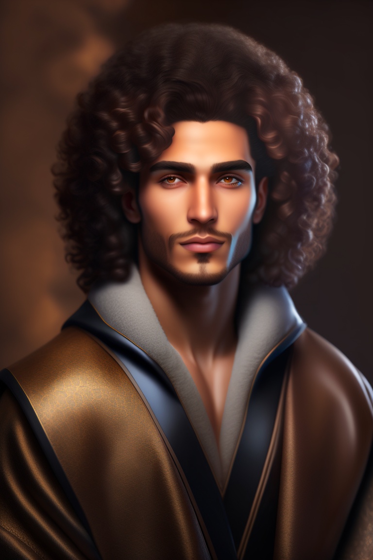 Lexica - Mage male wearing a light robe, curly hair, slightly shaved on ...
