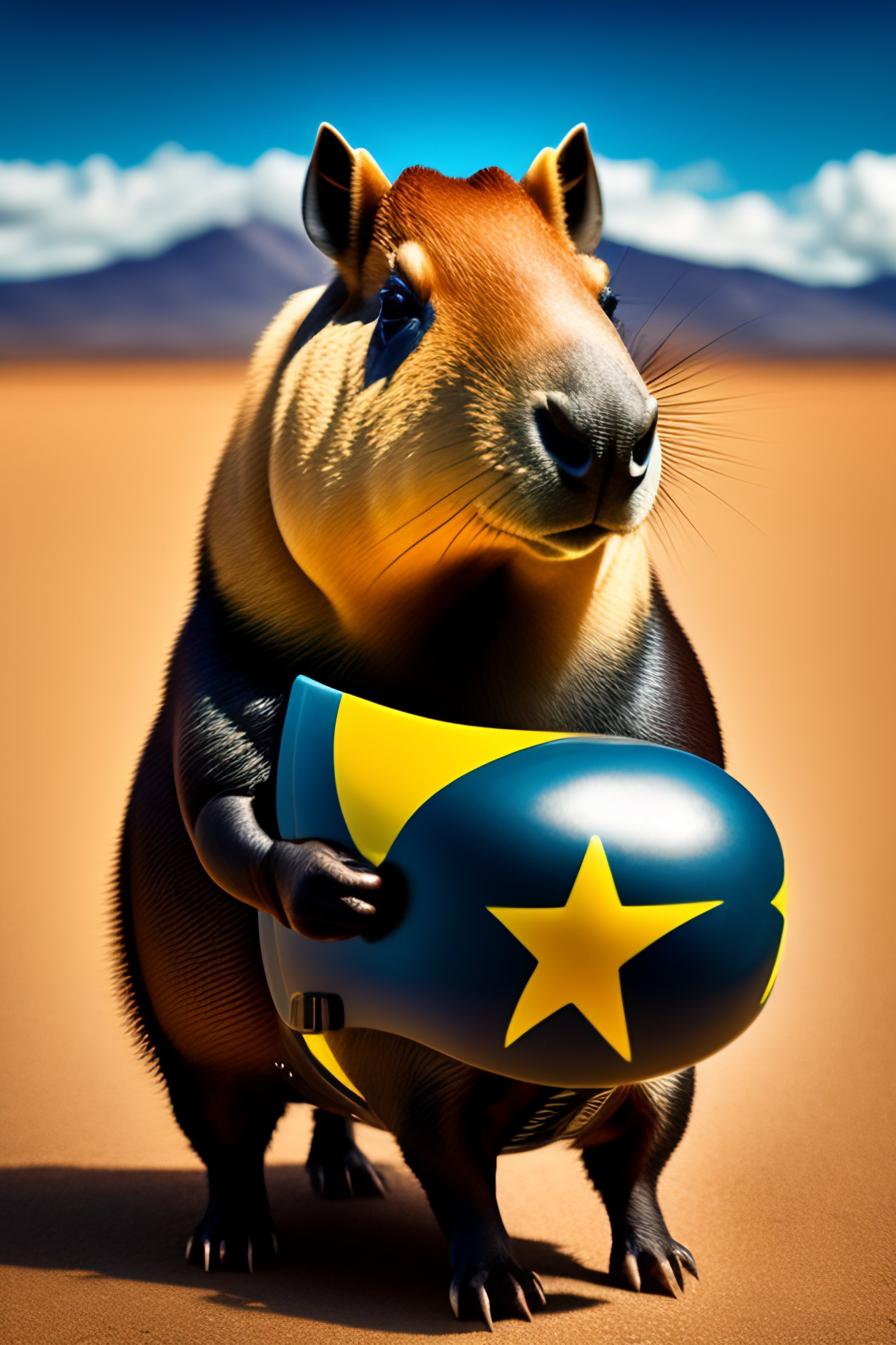 Lexica - Armored capybara with Colombian flag in his helmet