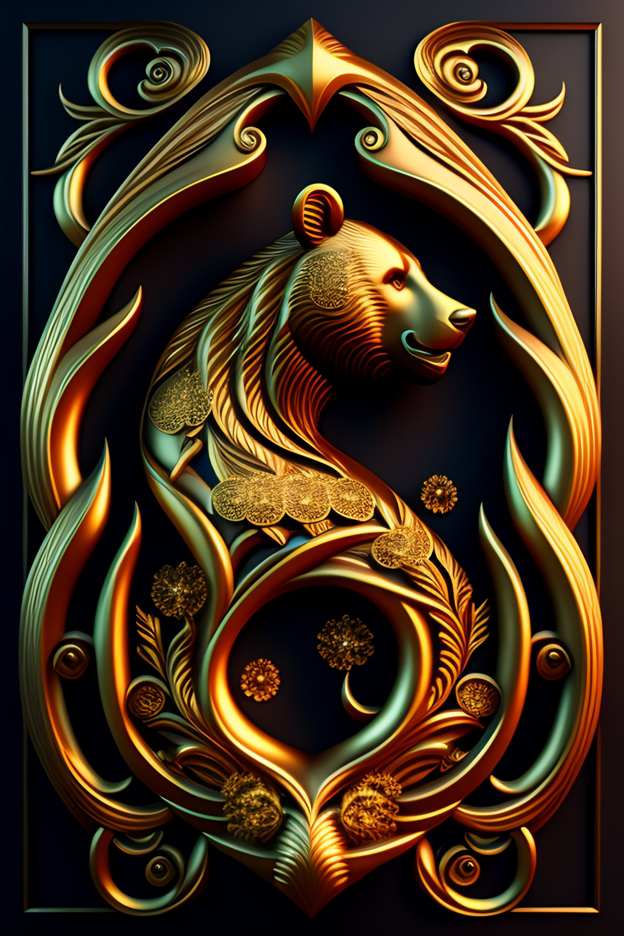 Lexica - An intricate, ornate, symmetrical wood carving, with golden ...