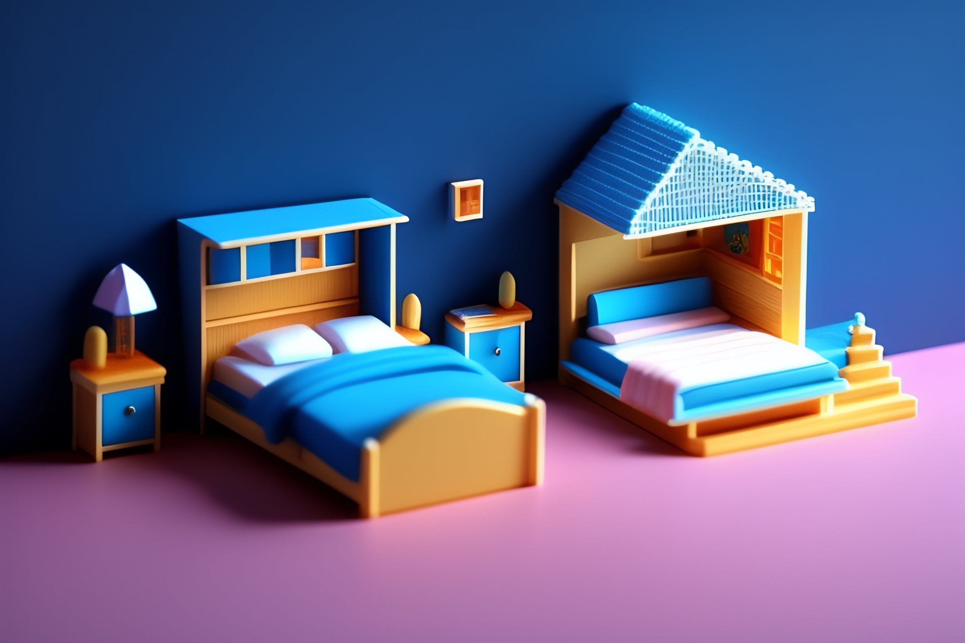 Lexica - 2D side-on voxel doll house room of a blue large bedroom with ...