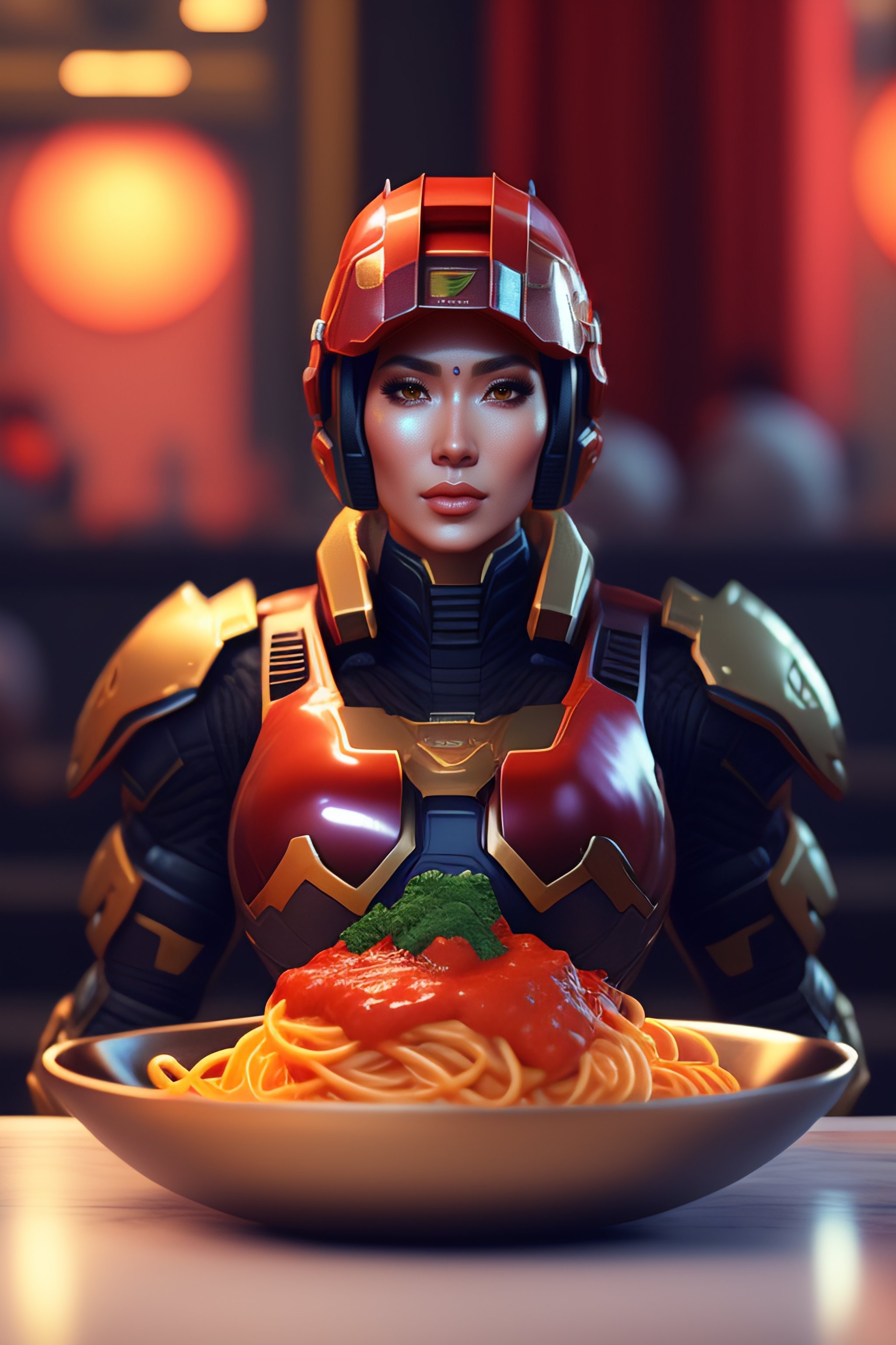 Lexica - Master Chief (halo), eating pasta with red sauce, male, strong ...