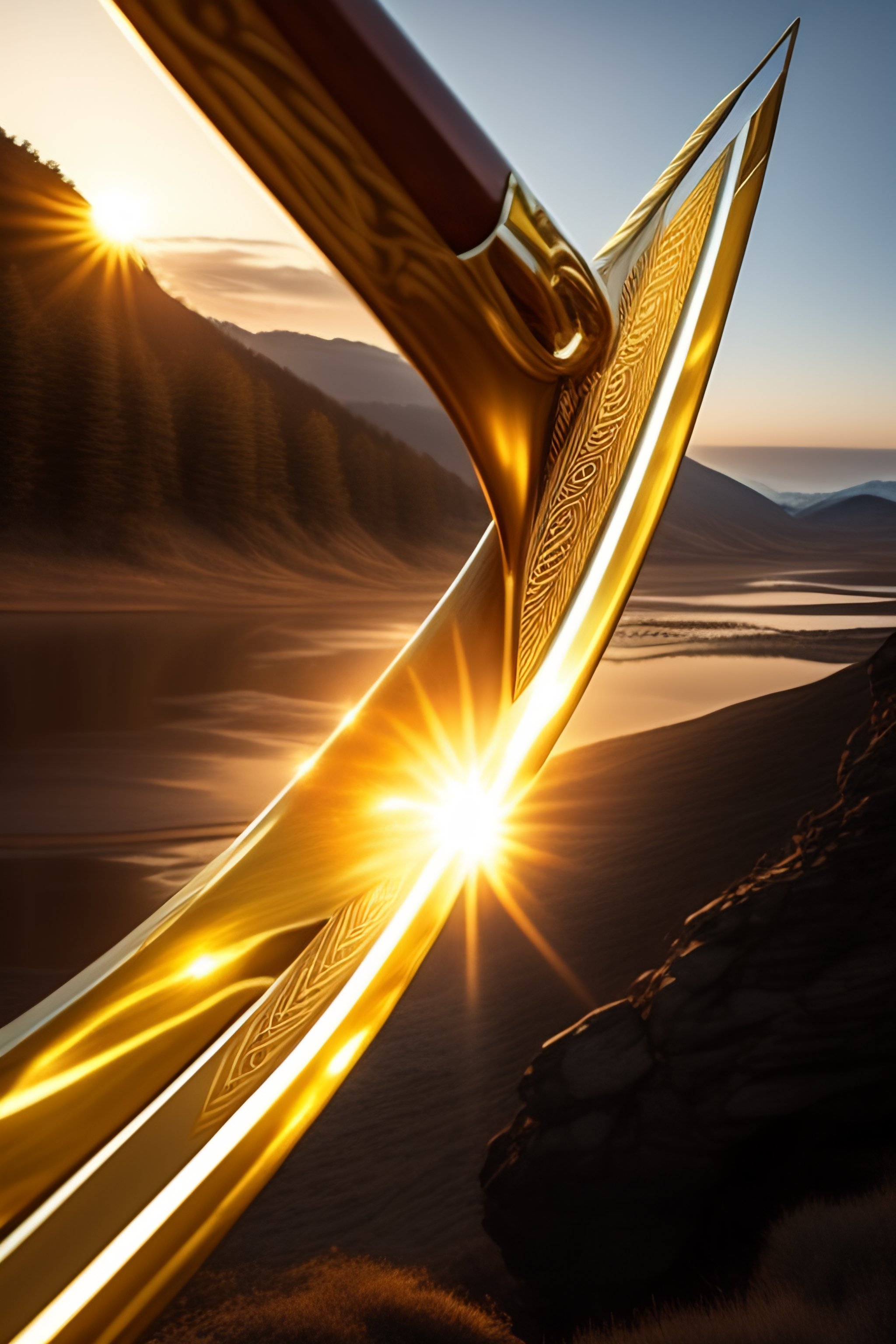 Lexica - A longbow made of shimmering golden wood, halo of bright ...