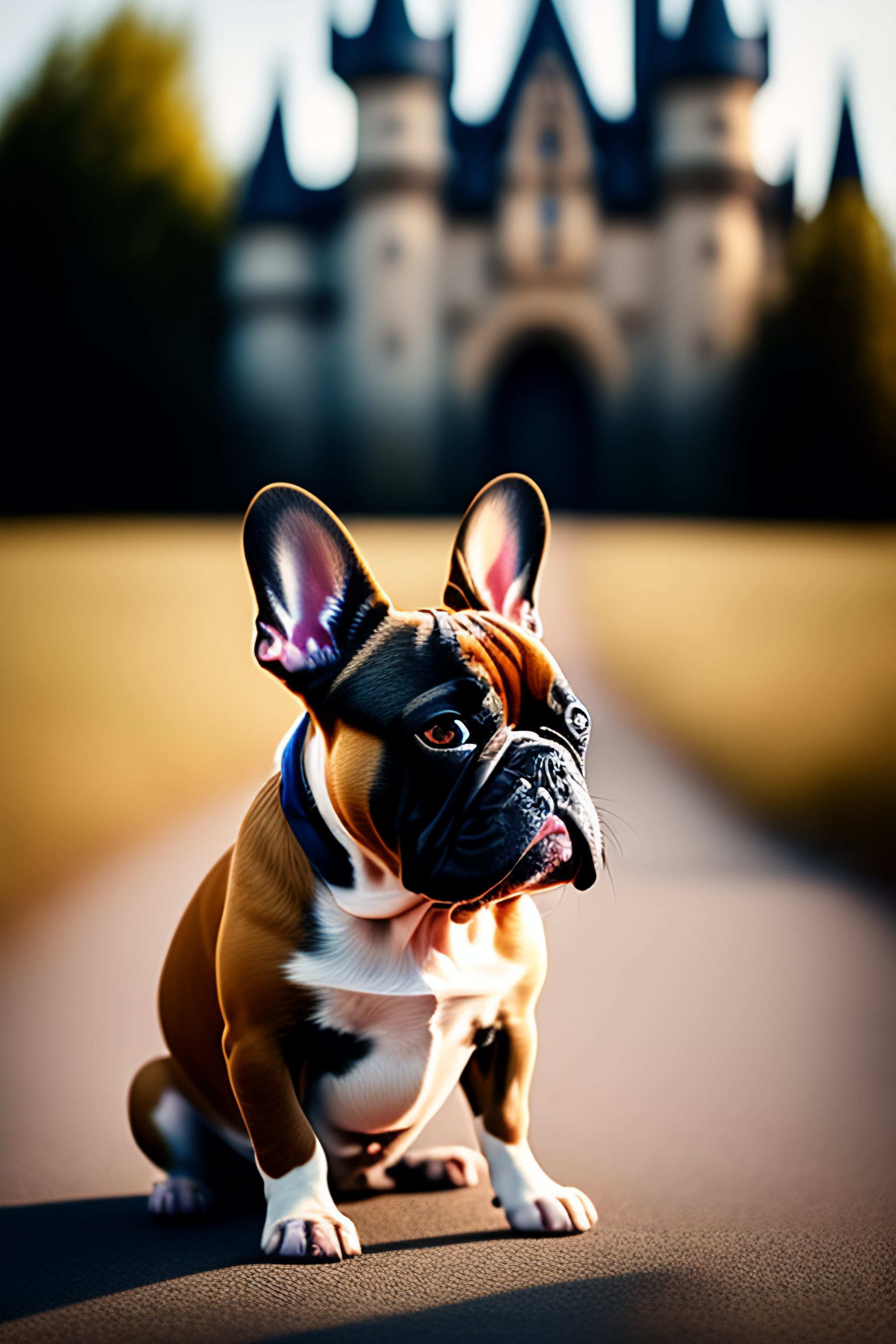 Lexica - French bulldog holding gun in front of a castle