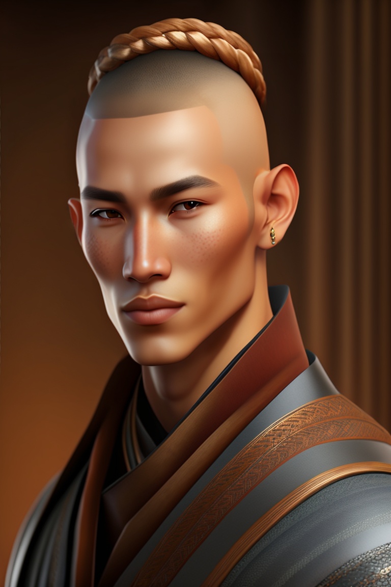 Lexica - Human male, monk, front face, shaved hair with one long braid ...