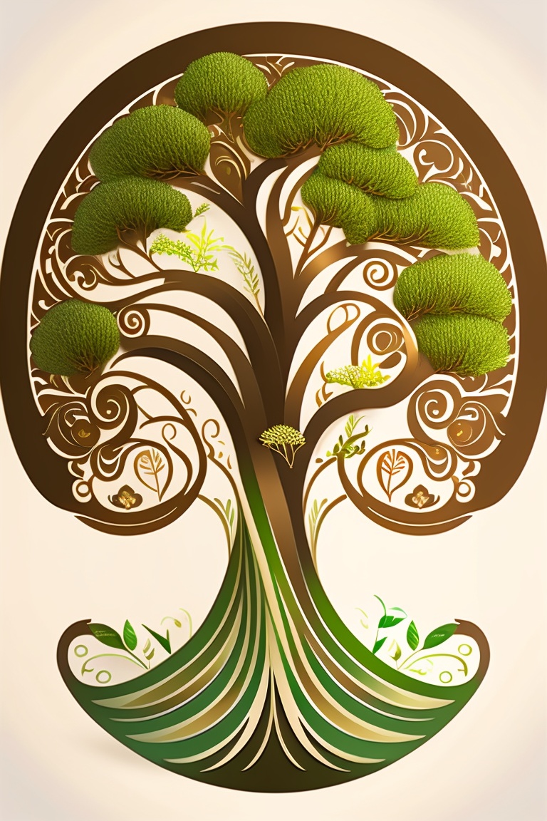 Lexica - Brown Tree of life with leaves in shades of green, linocut ...
