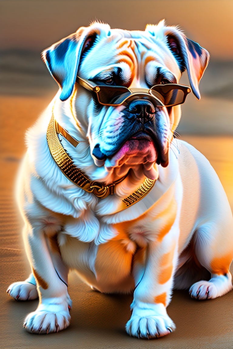 Lexica - A white boxer dog wearing boxer robe, gold chain and big sunglases