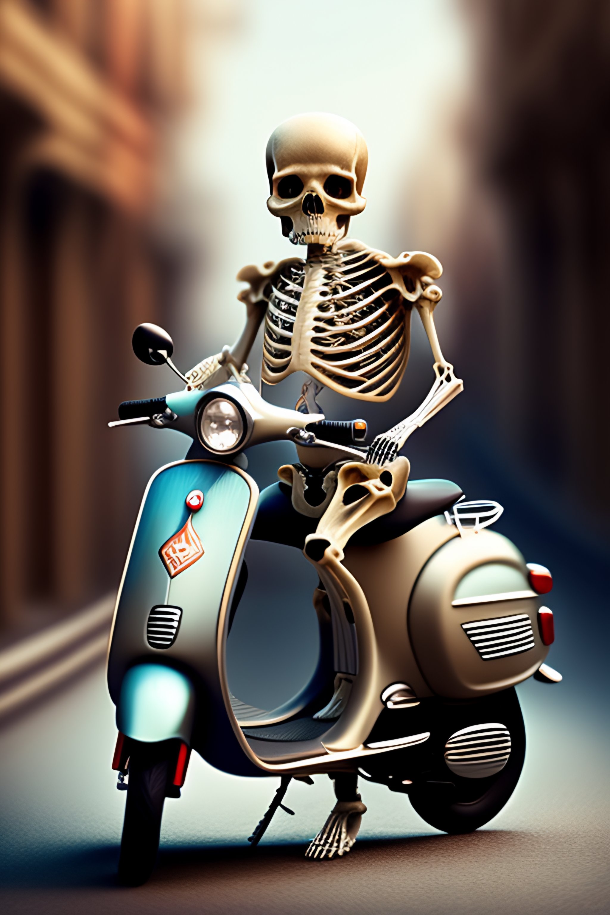 Lexica - Skitz of a human skeleton on a moving vespa