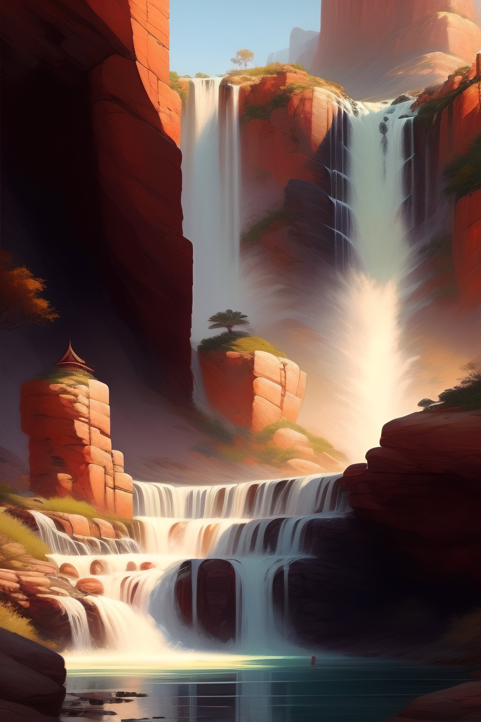 Lexica - Tribal village in red rock in front of a waterfall, medieval ...