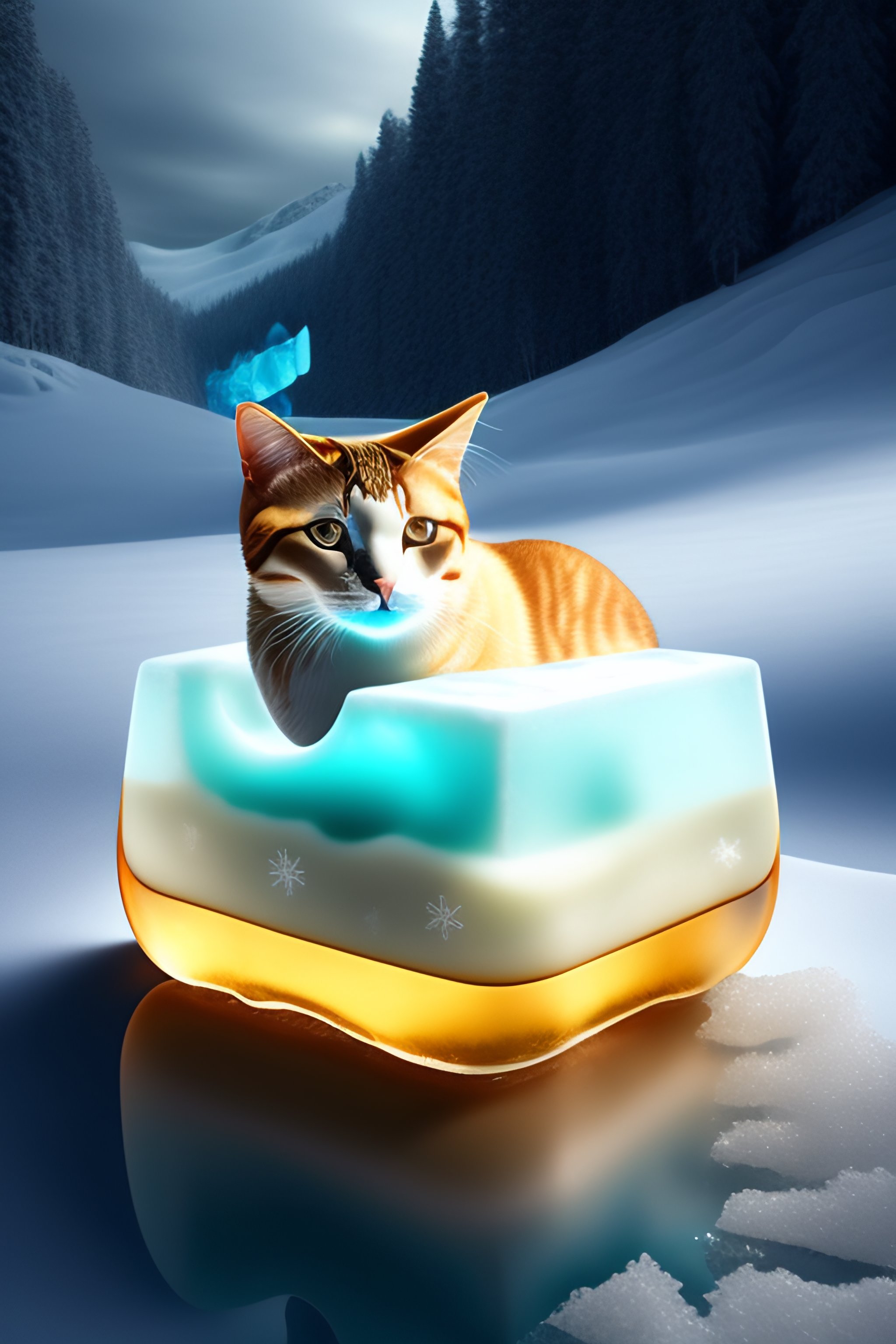 Lexica - A cat is frozen inside ice block of irregular shape.