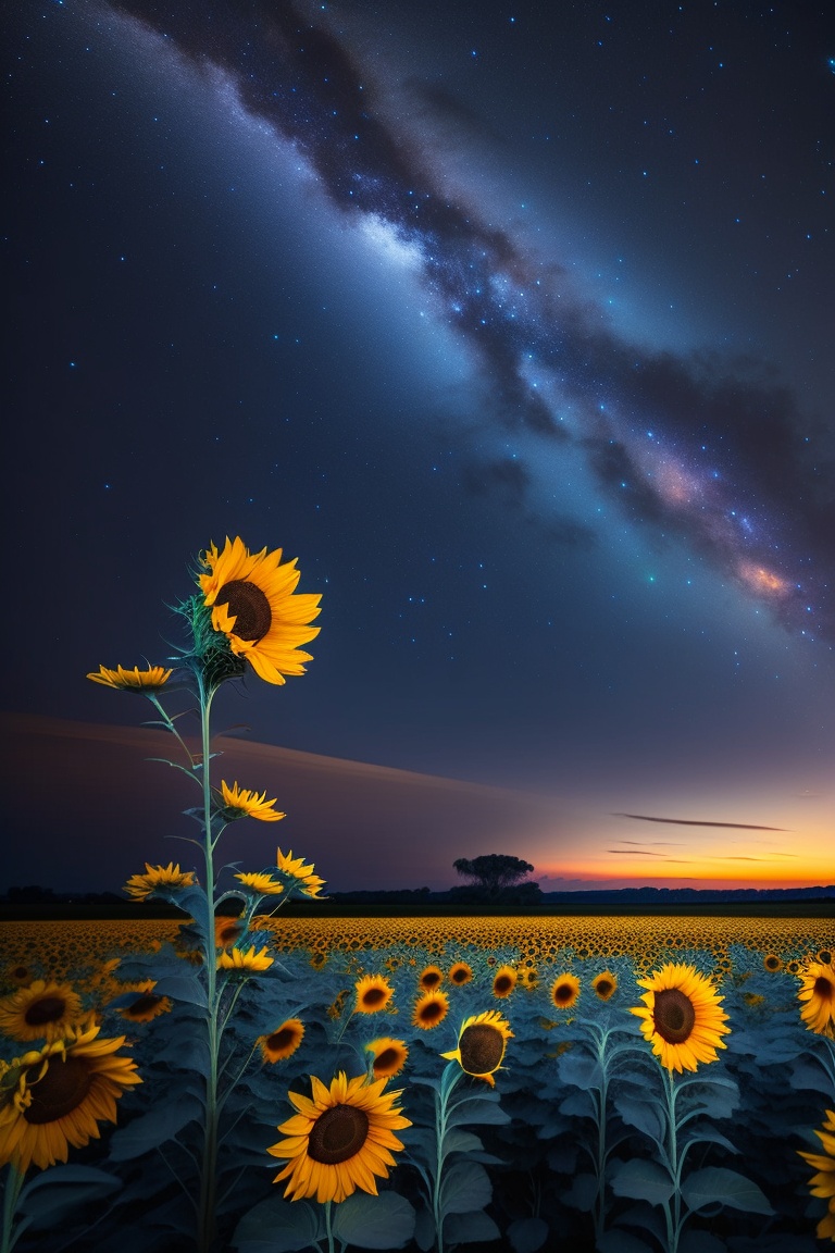 Lexica - A field of sunflowers at night, a starry sky in the sky , full ...