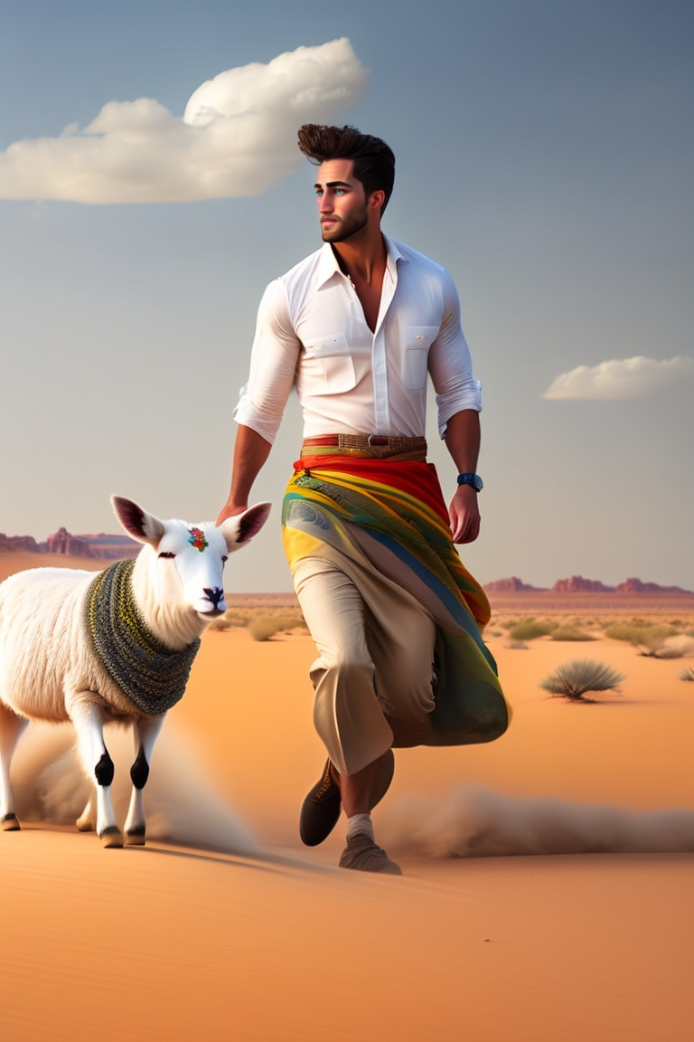 Lexica - "A runaway lamb in the desert with a man wearing a colorful ...