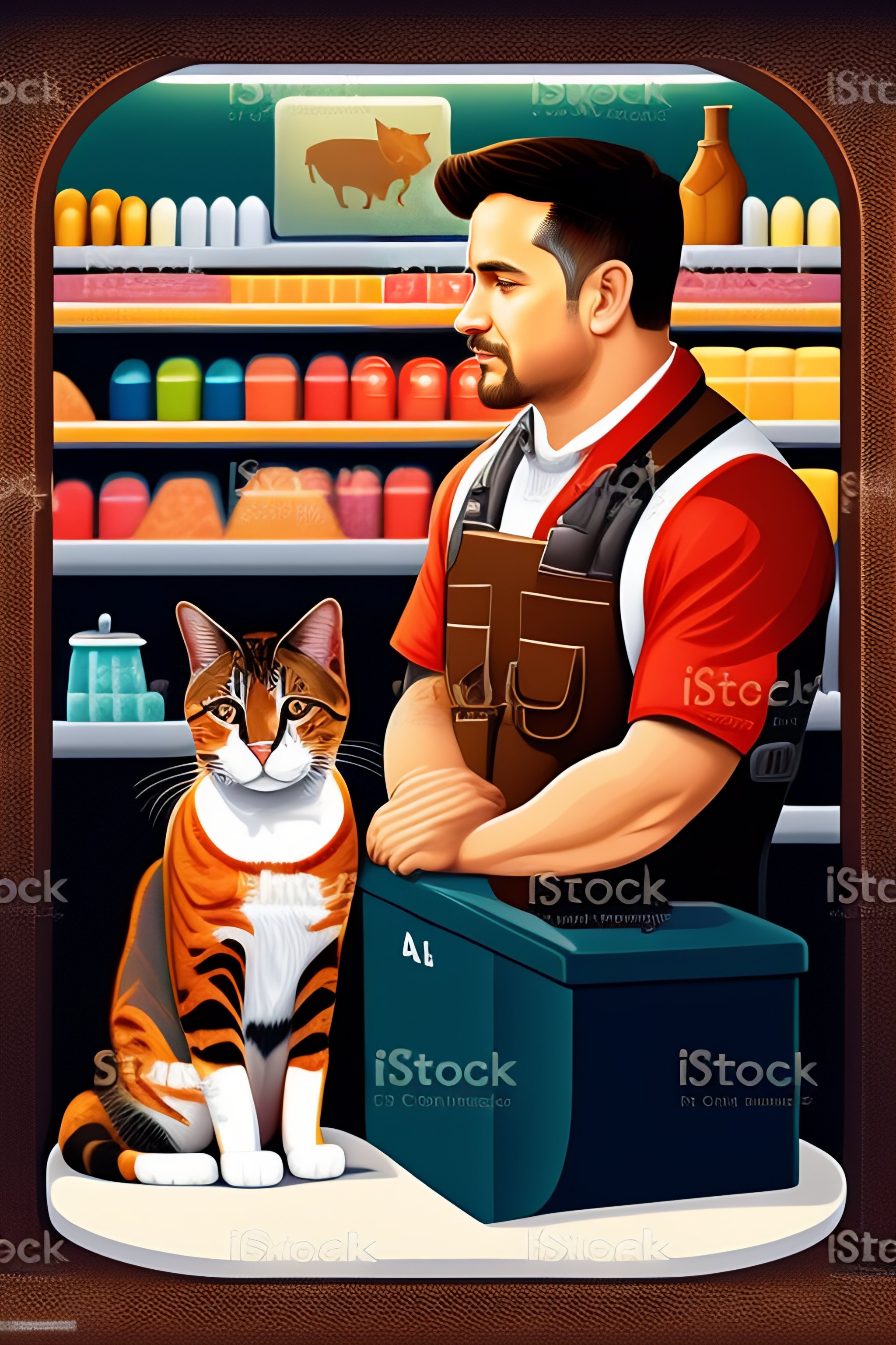 Lexica - A man works at the checkout of a pet store behind there are ...