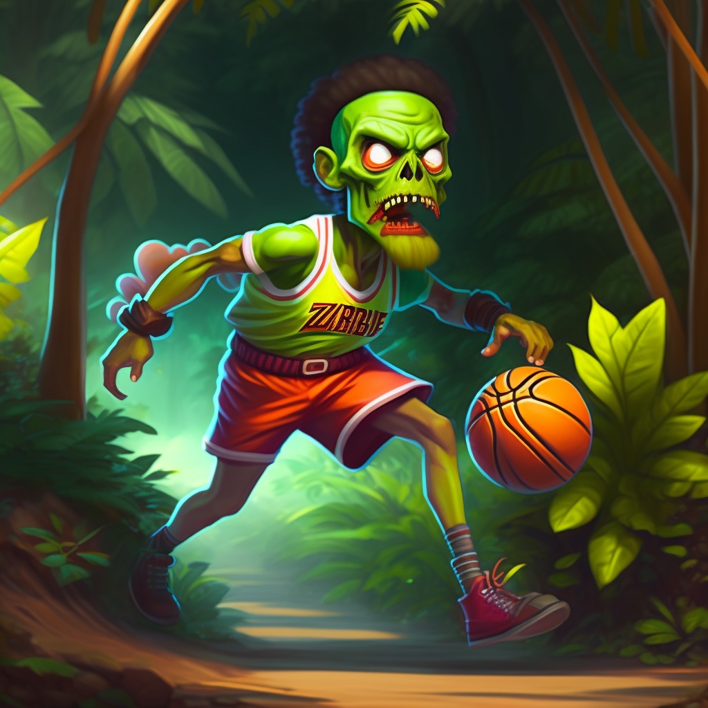 Lexica - Zombie in the jungle playing basketball, drawing, 2d