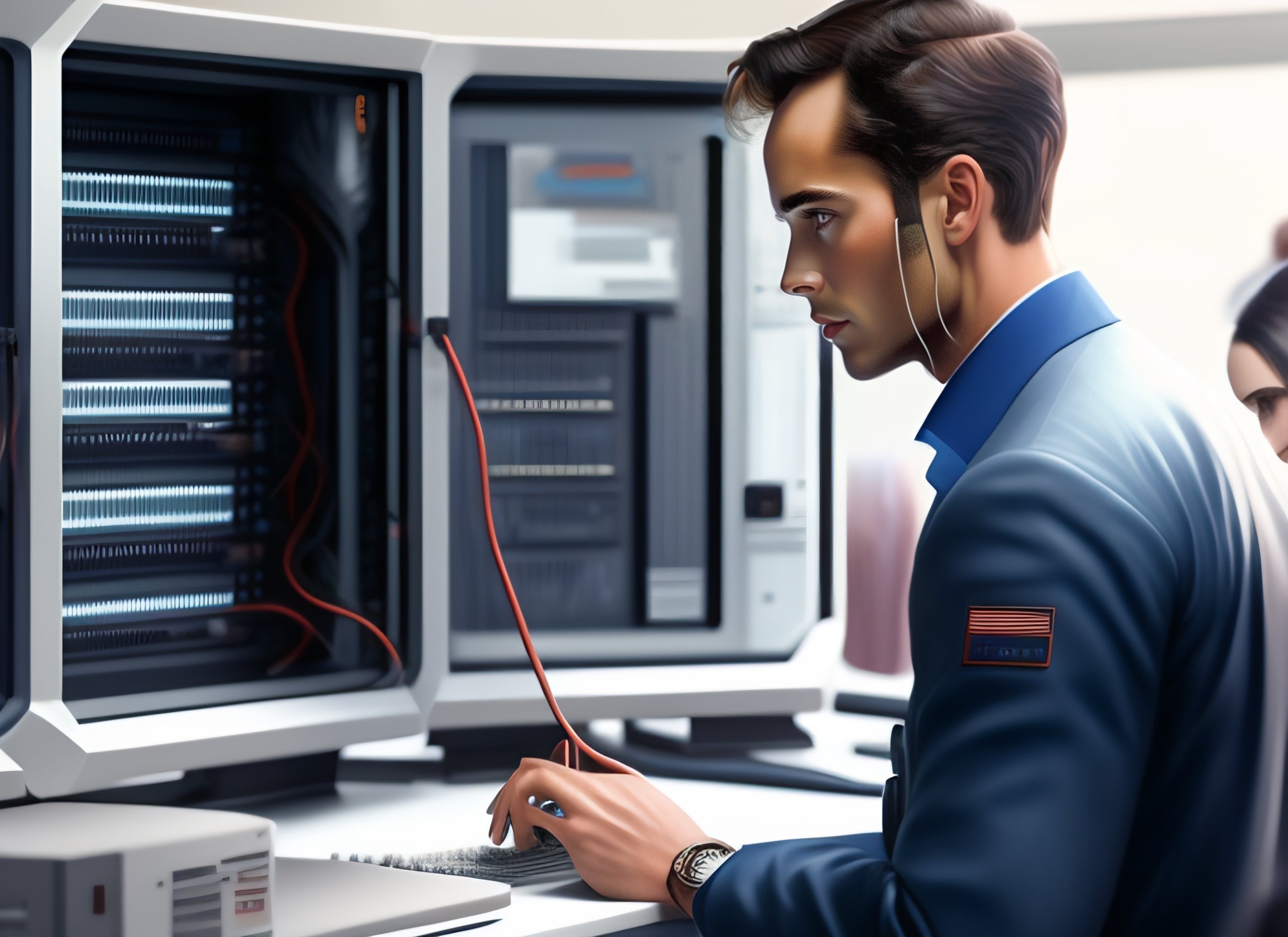 Lexica - Illustration an it guy who is plugging a girl through cables ...