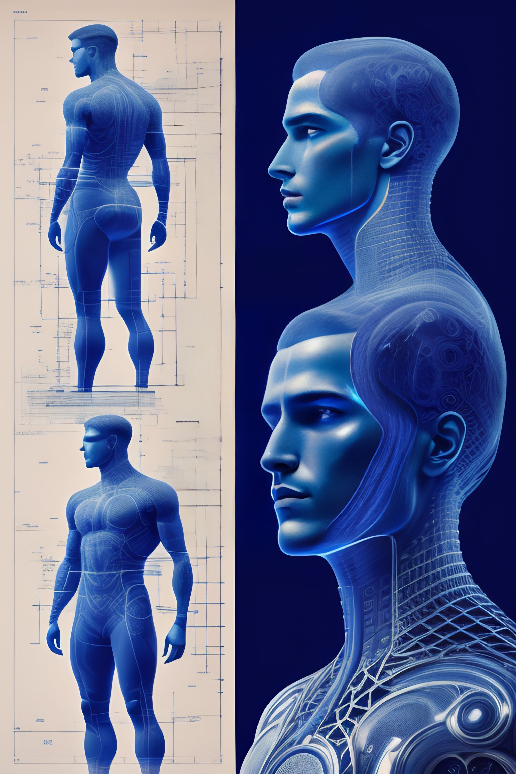 Lexica - Detailed schematics of a male cyborg, Venetian man, blueprints ...