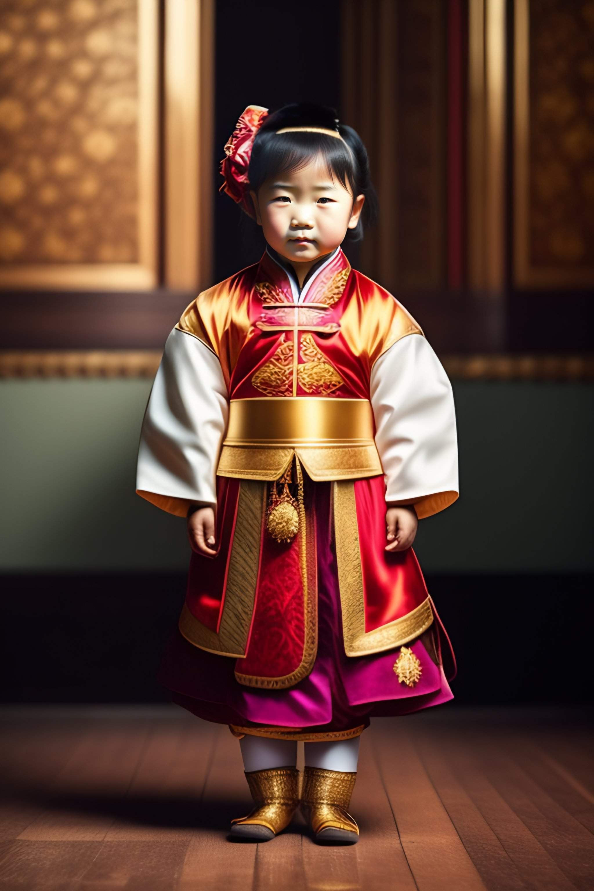 Lexica - Female Chinese child with wooden leg dressed in royal garb
