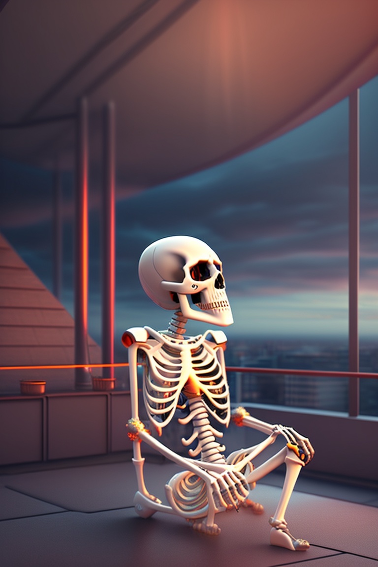 Lexica - A sad expression skeleton spending time on the rooftop ...