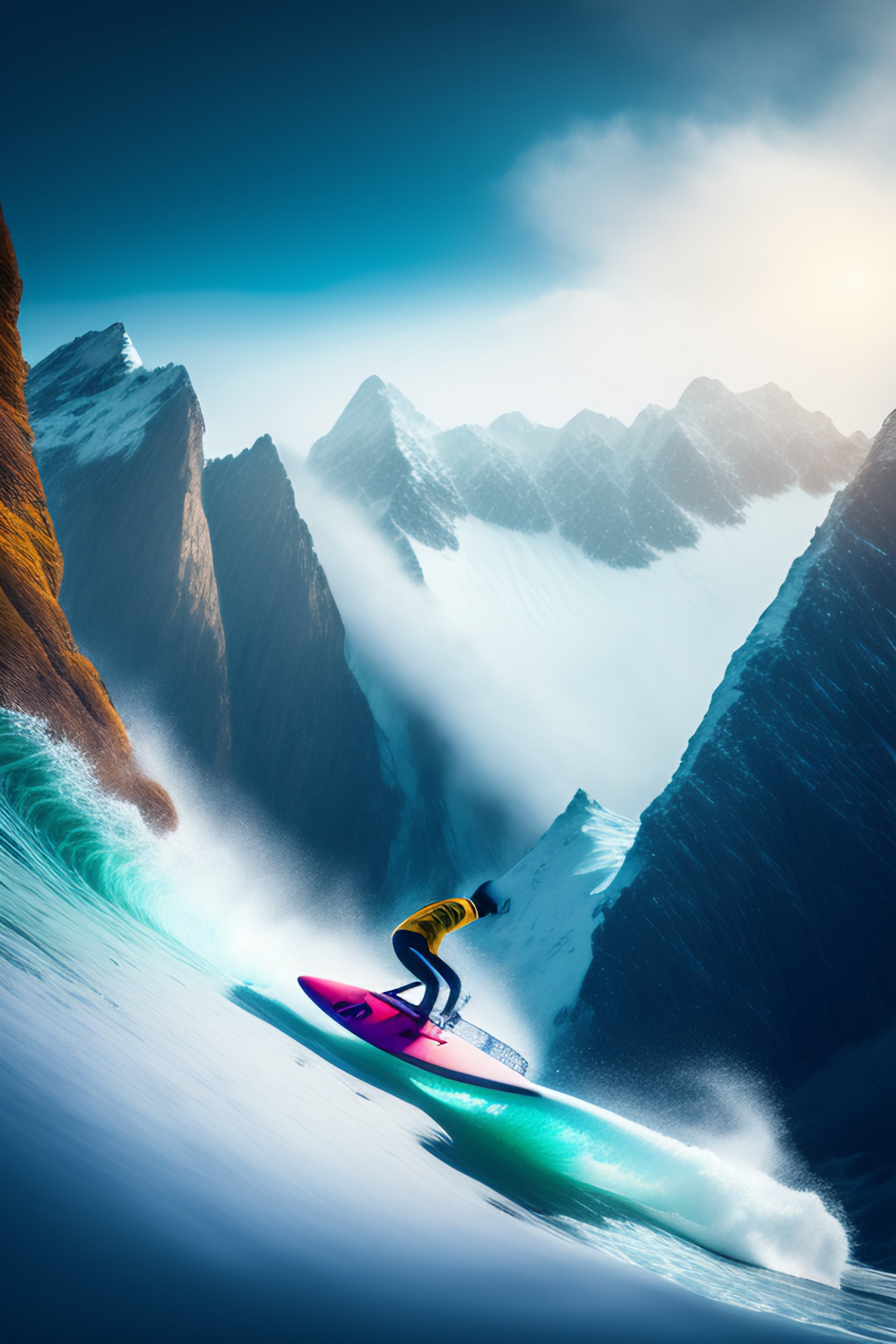 Lexica - A boy surfing with a sea surfboard down a snowy mountain ...