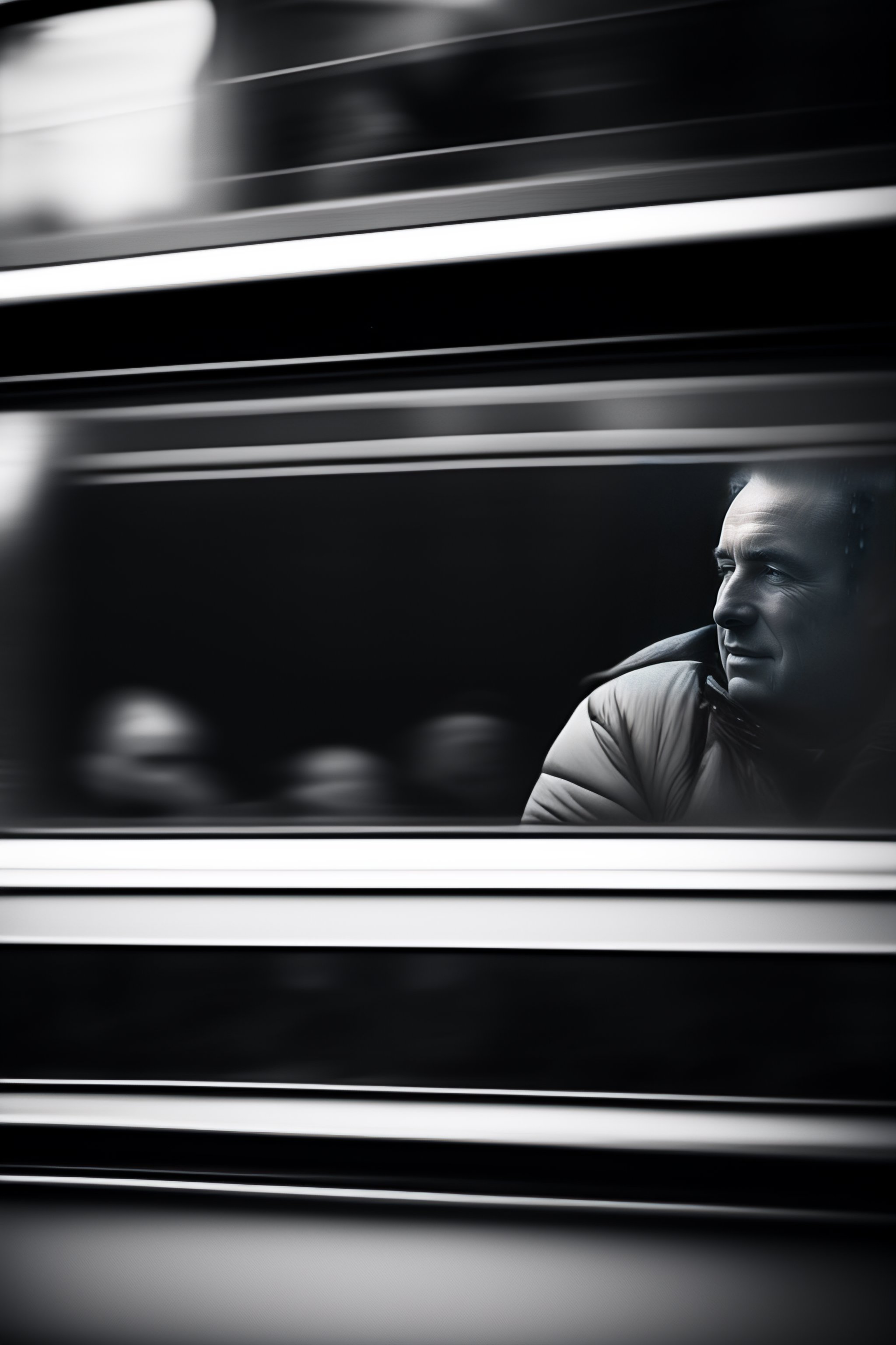 Lexica - View of a running man from inside a dropped bus window, winter ...