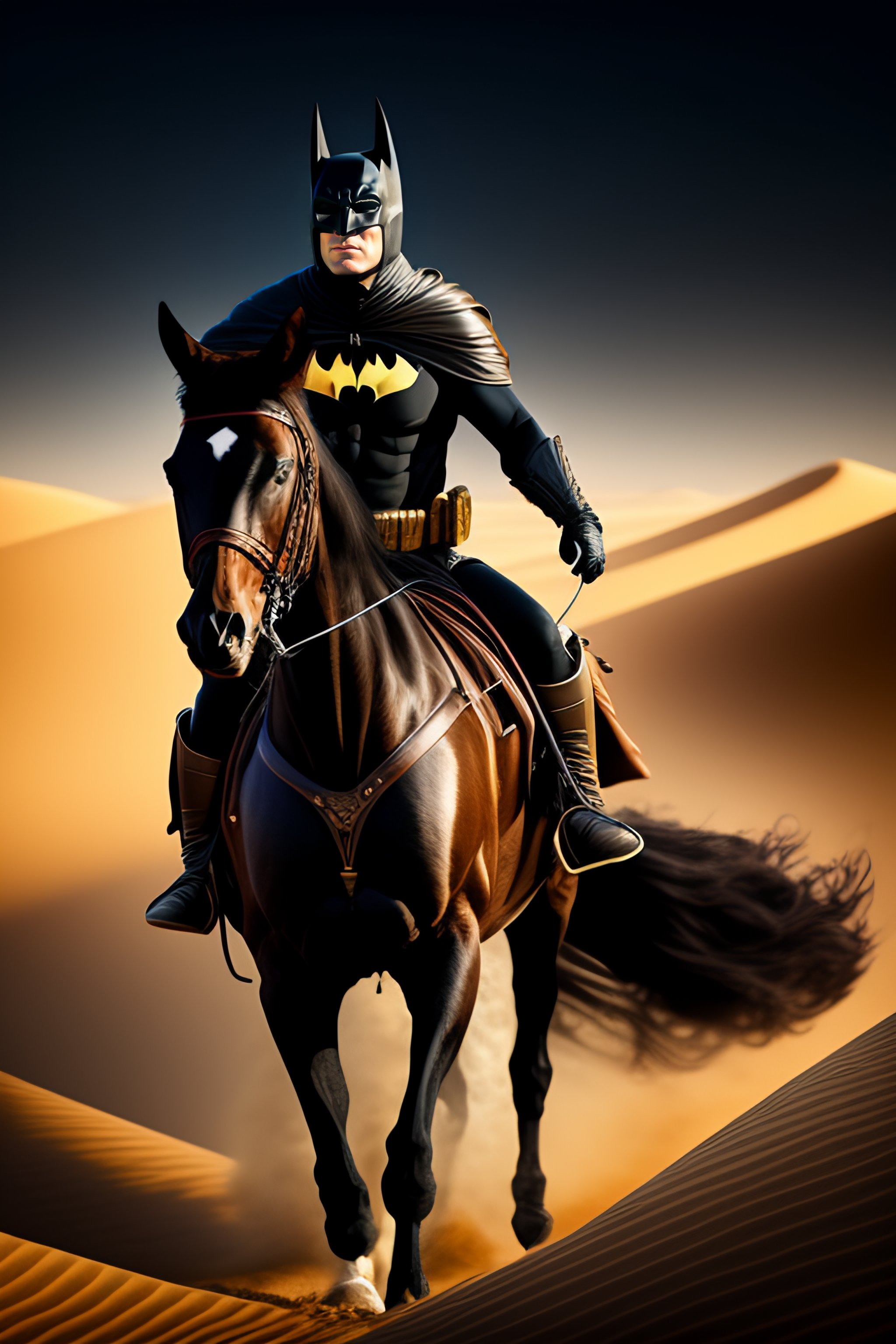 Lexica - Batman riding a horse in the desert