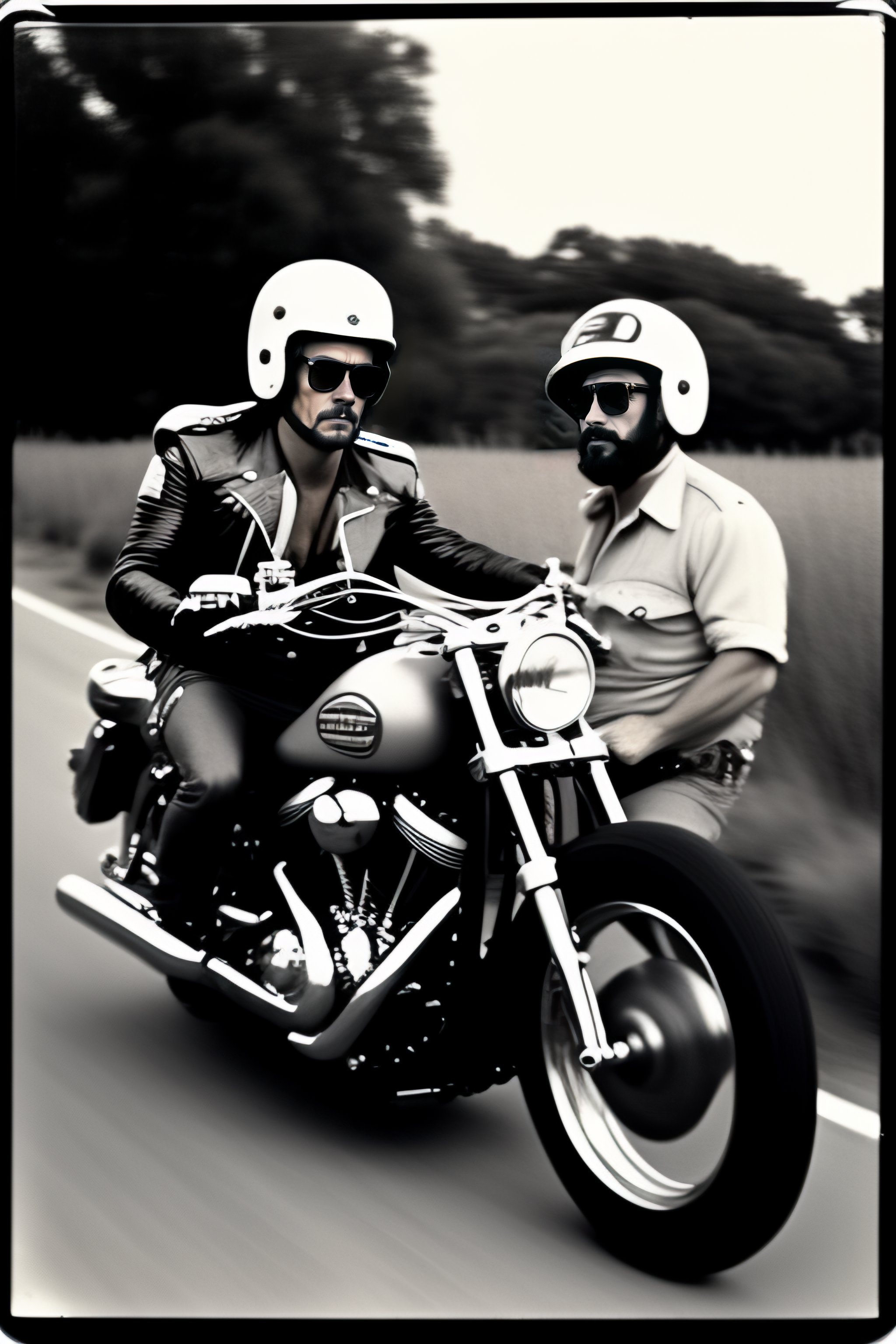 Lexica - 1970s dirty biker biker party outlaws, black and white polaroid