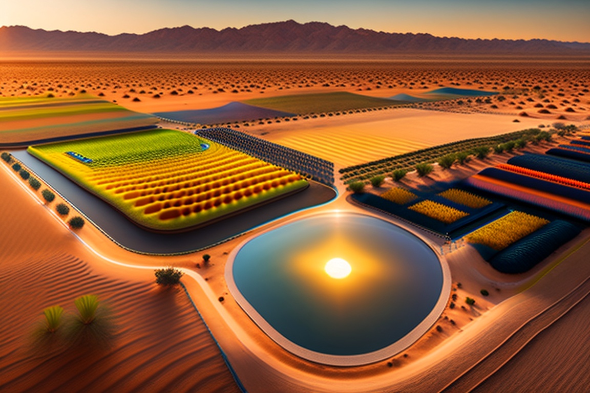 Lexica - Desert farming communities close up with future drons technic ...