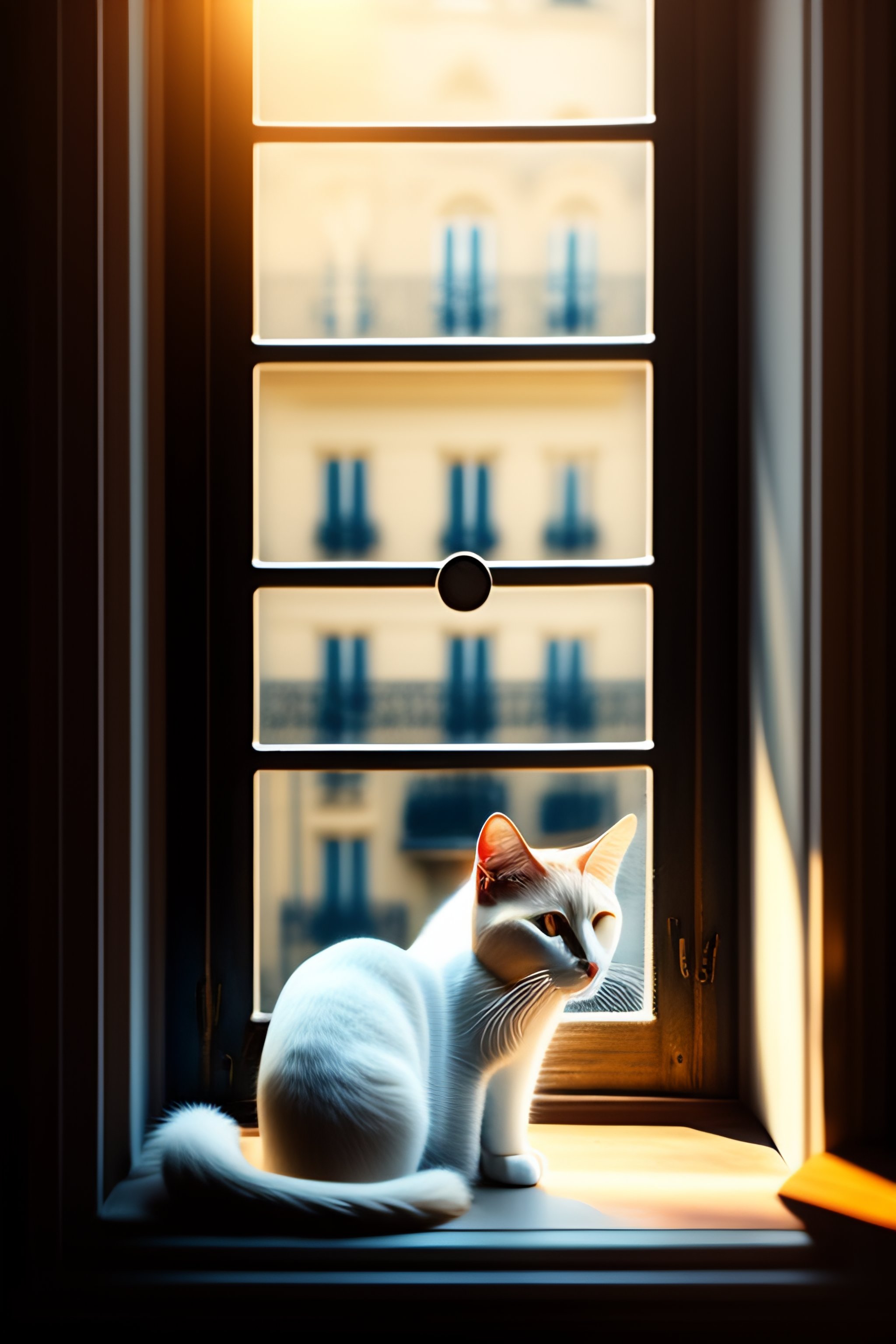 Lexica - White cat praying in the window looking at the paris