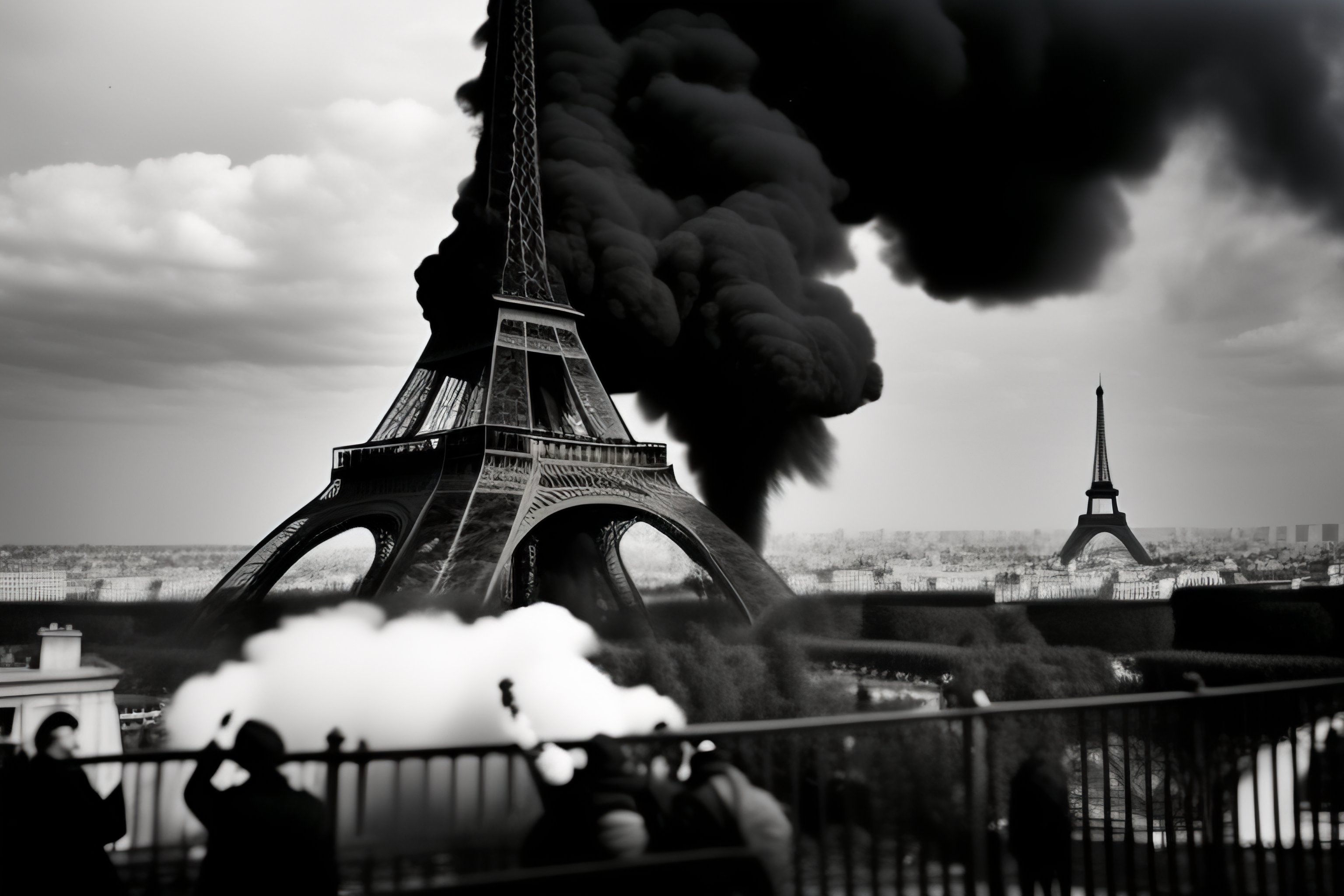 Lexica - Old black and white photo of the Eiffel tower being set on ...