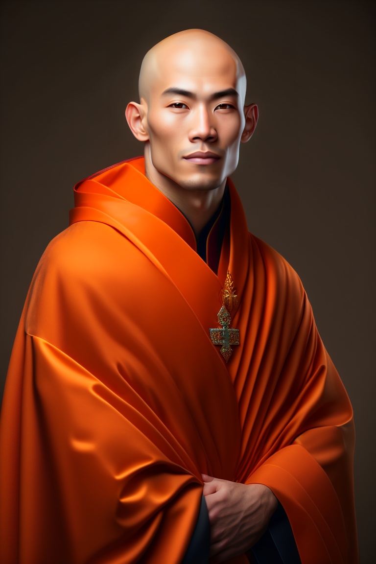 Lexica - A bald monk looking straight to camera, wearing orange dress