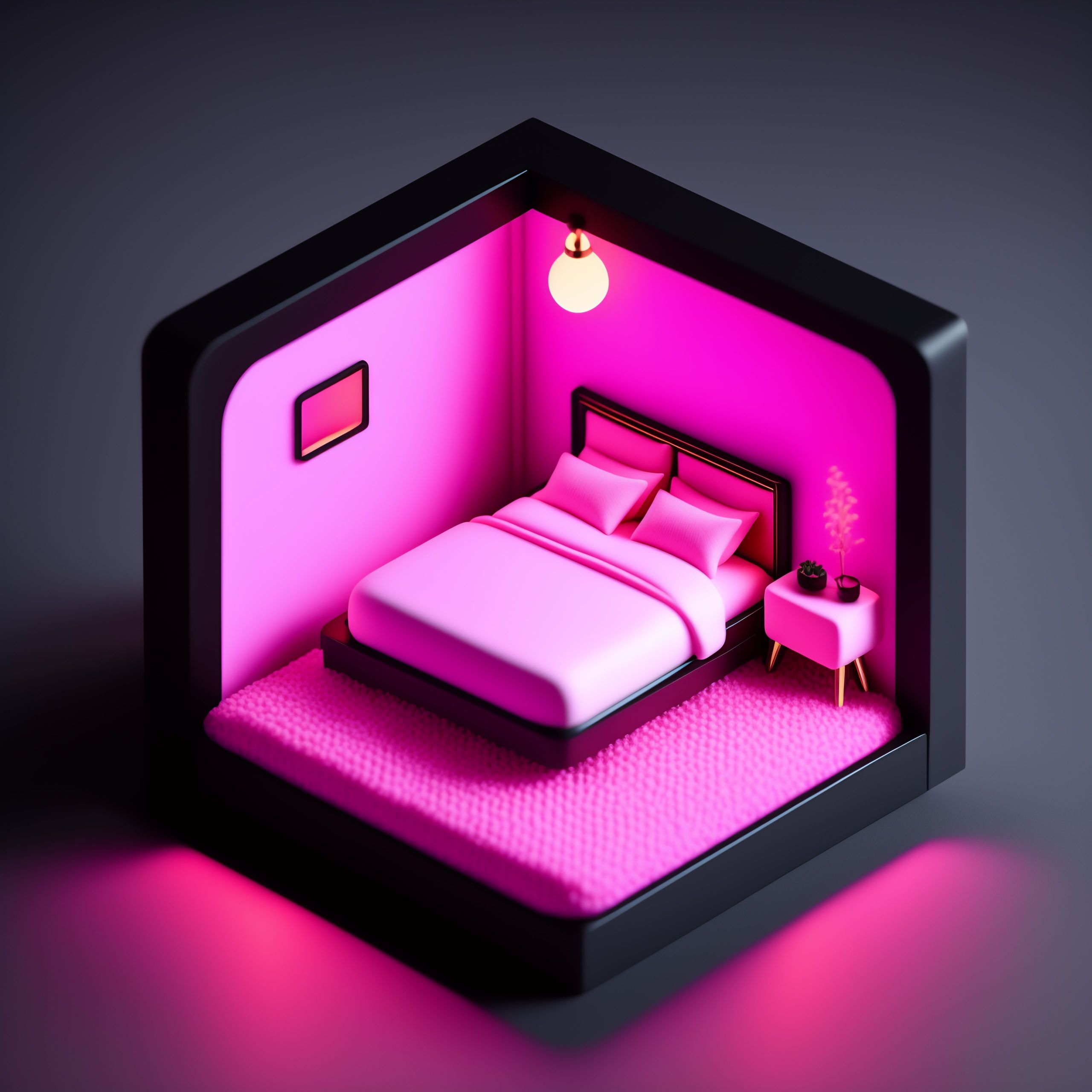 Lexica - Tiny kawaii isometric vantablack pink bedroom, on elevated platform in cutaway box ...