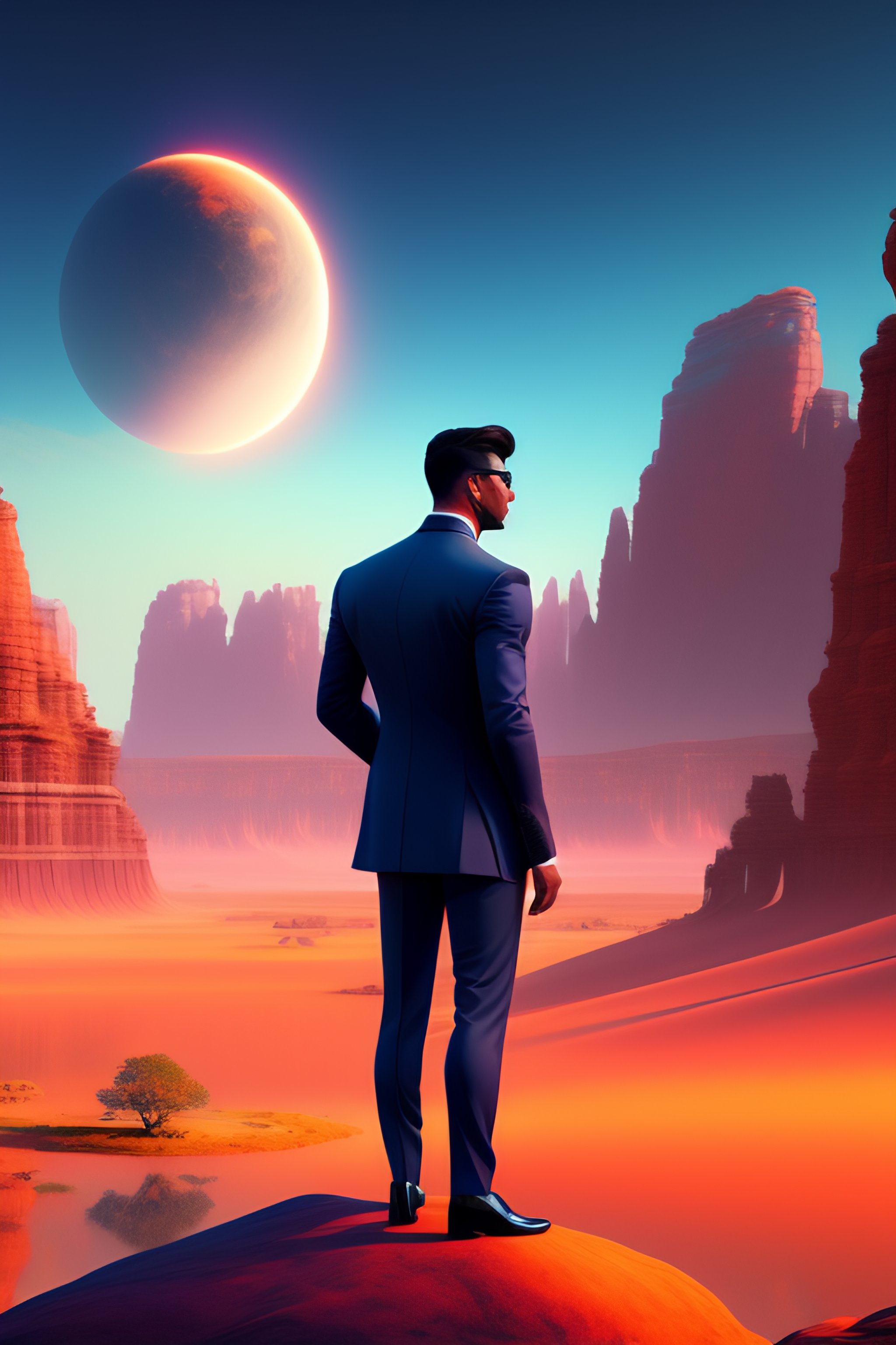 Lexica - Stunning landscape with a suited man, cinematic lighting ...