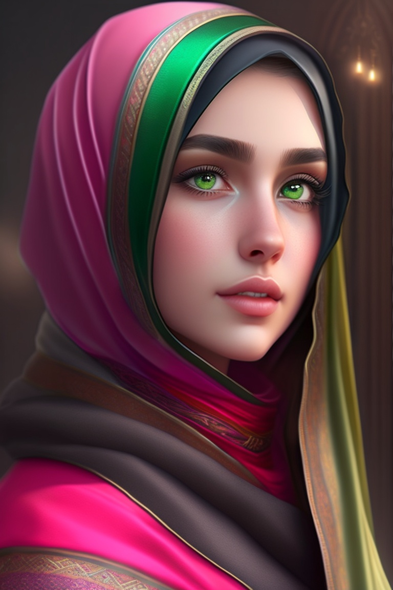Lexica - Cute hijab girl wearing medieval mage clothing،Green eyes, pink dress