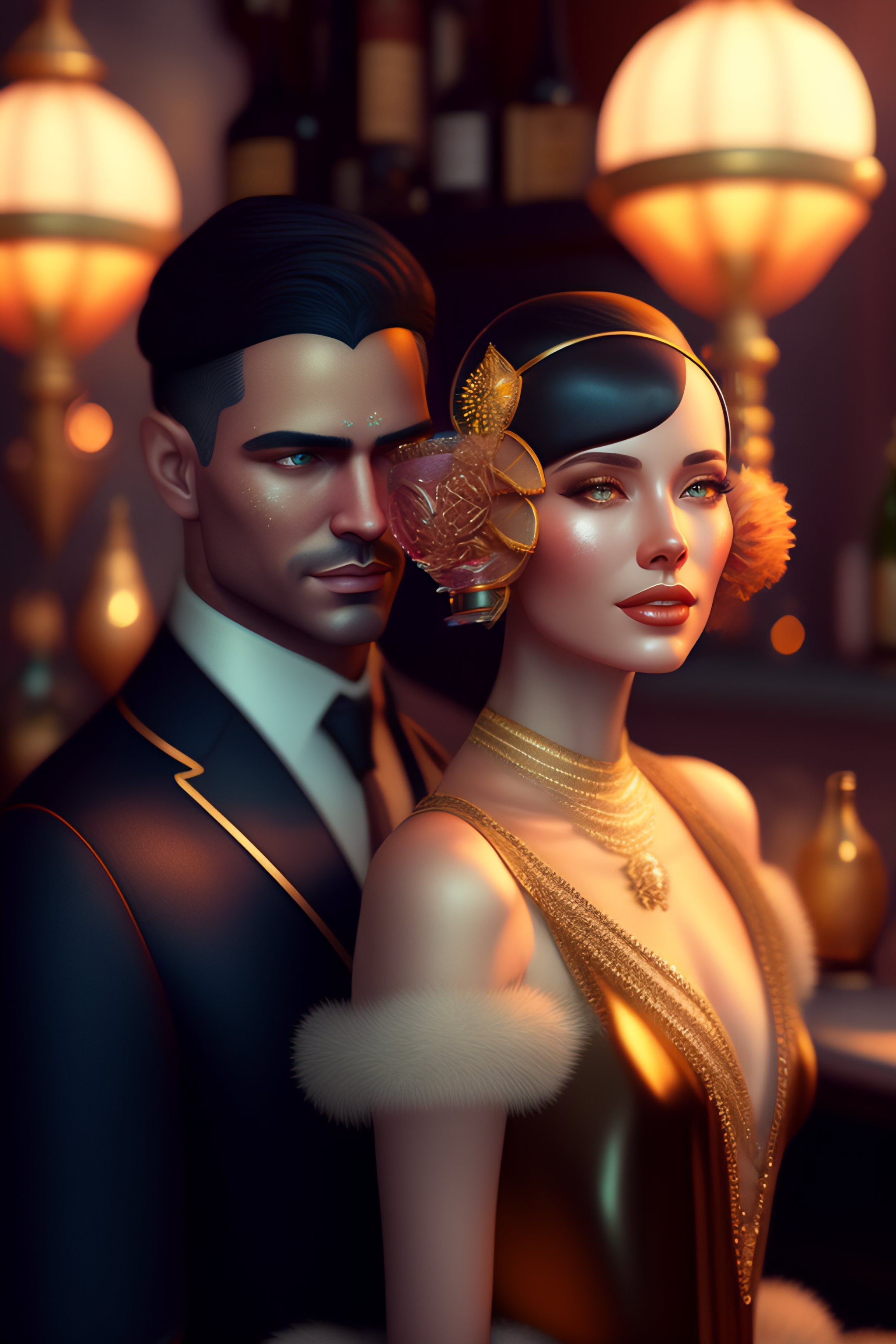 Lexica - A beautiful flapper couple, dimly lit classy 1920s speakeasy ...