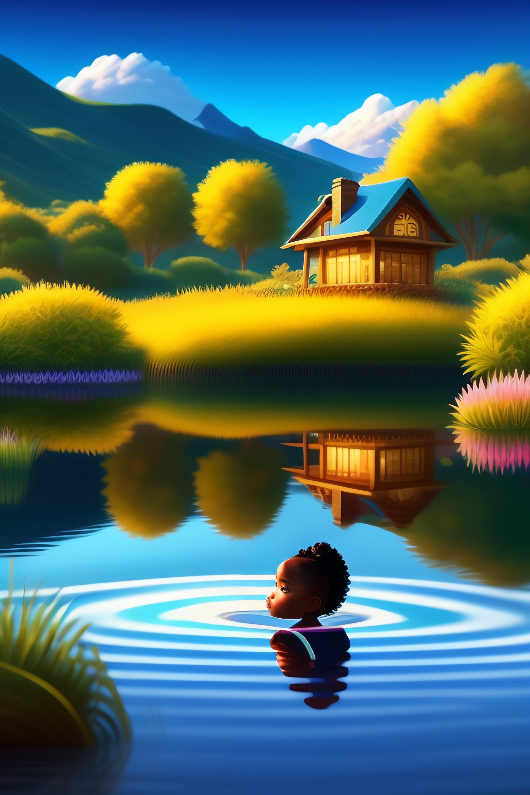 Lexica - View of gorgeous pond with a lot of small water ripples, happy ...