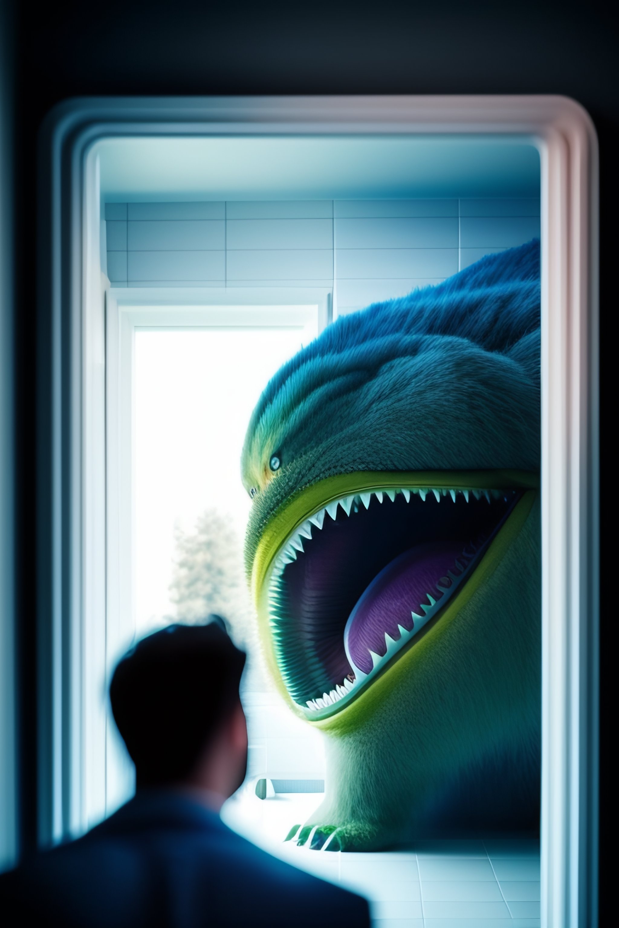Lexica - Man looking in bathroom mirror and seeing a terrifying monster ...