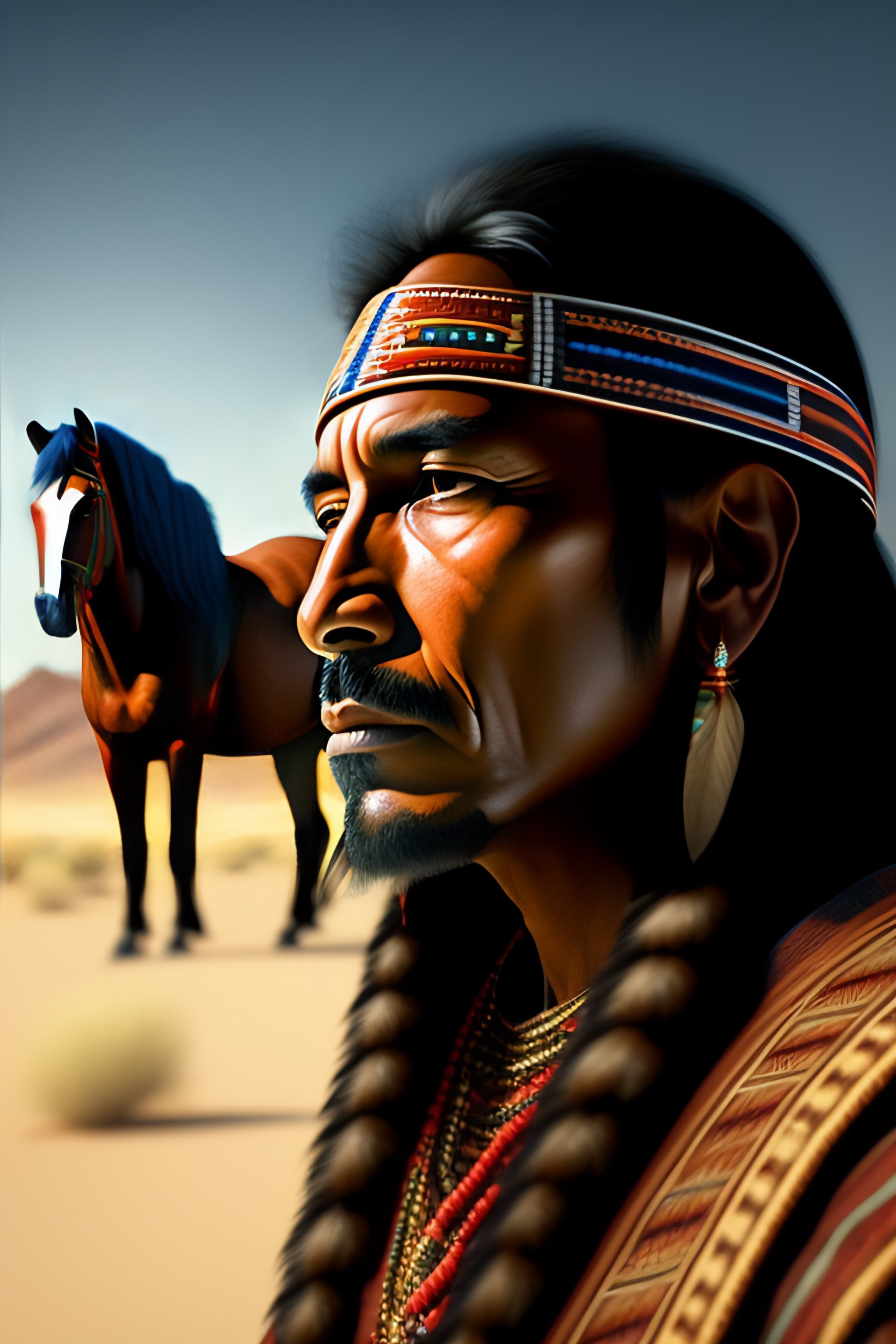 Lexica - Native american man portrait in 3d digital art with mustang ...