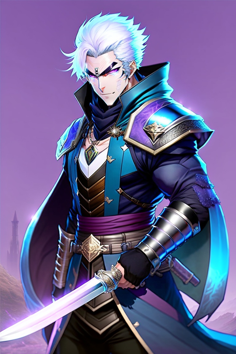 Lexica - A white-haired swordsman with bright blue eyes, wearing a ...