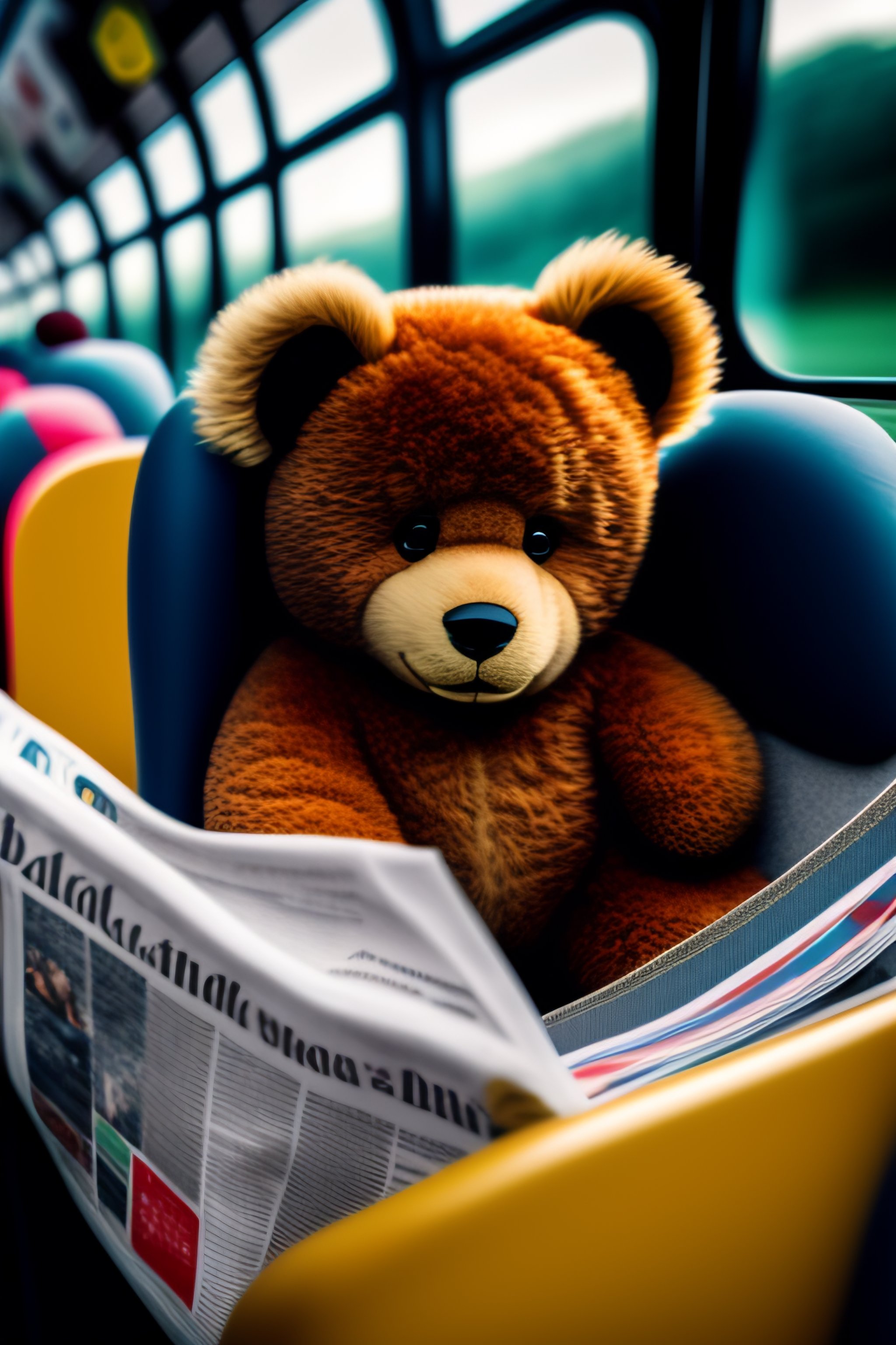 Lexica - Cute teddy bear reading newspaper in the bus