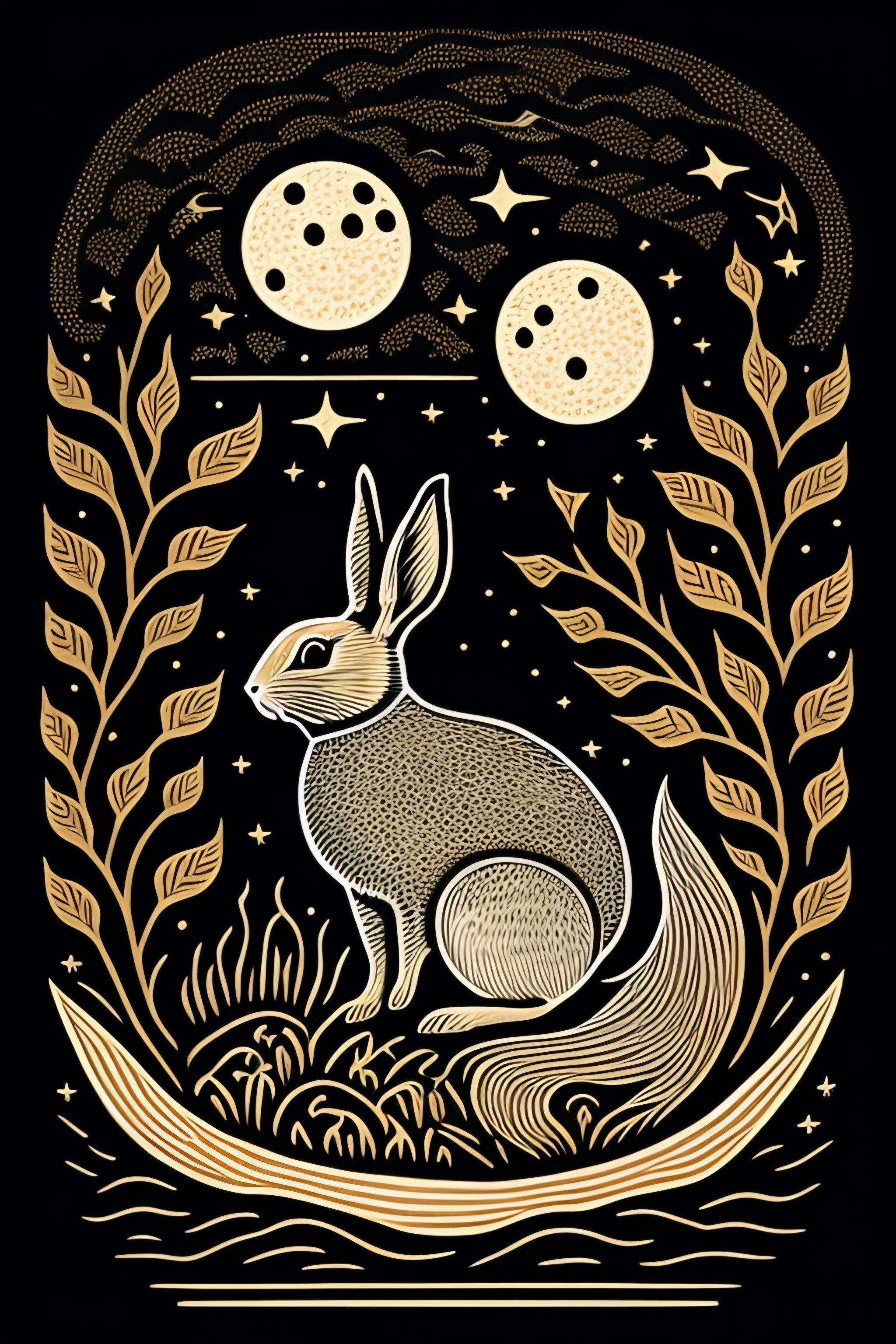 Lexica - Linocut of rabbit in the moon, viking-style, award winning