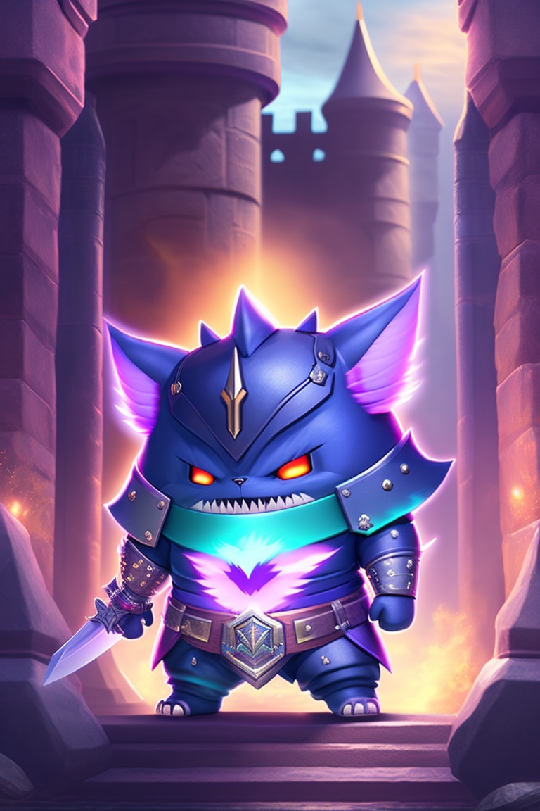 Lexica - Cute little gengar full body, metal armor with sword, dark ...