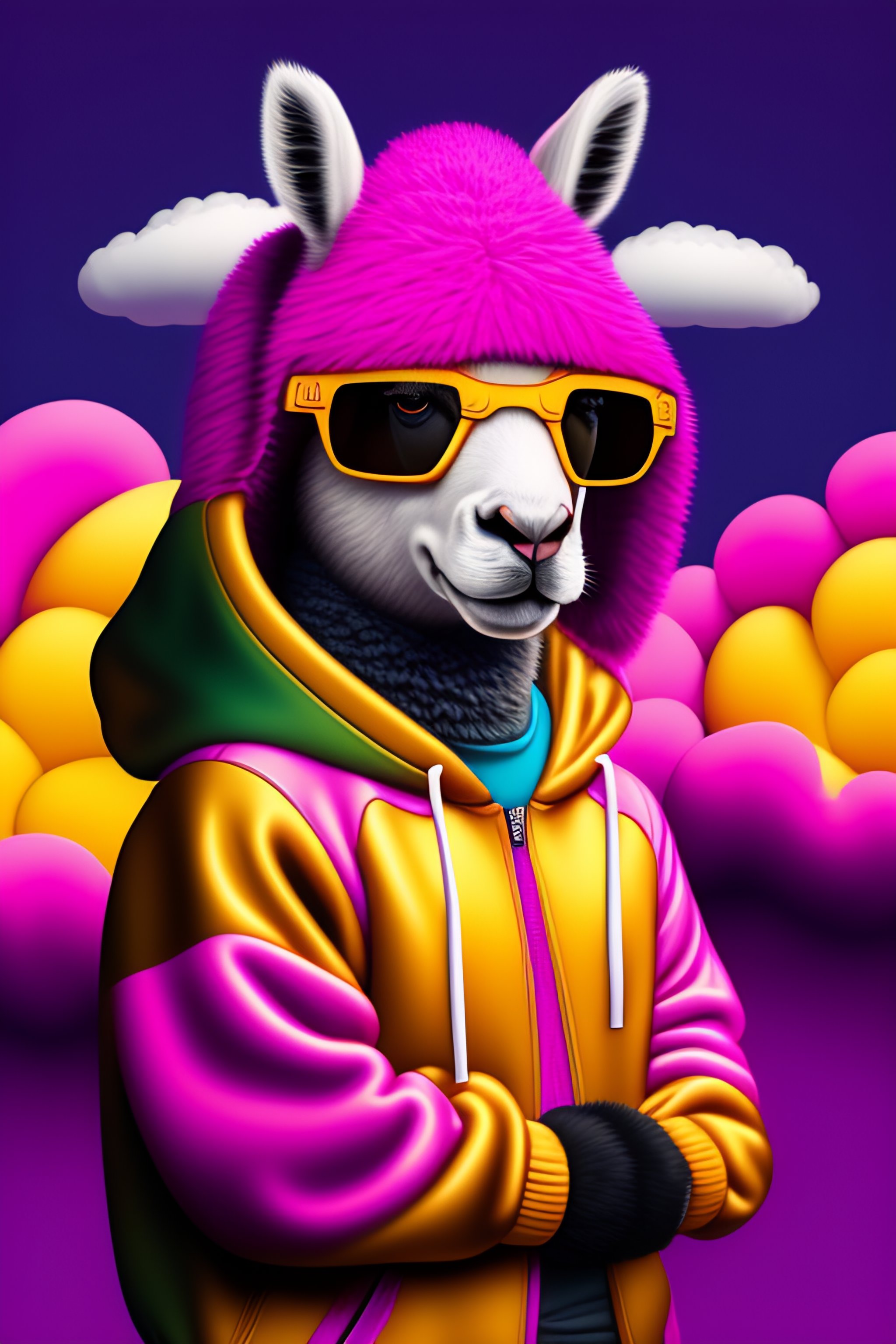 Lexica - A stuffed llama wearing a pink jaguar print hoodie and gold ...
