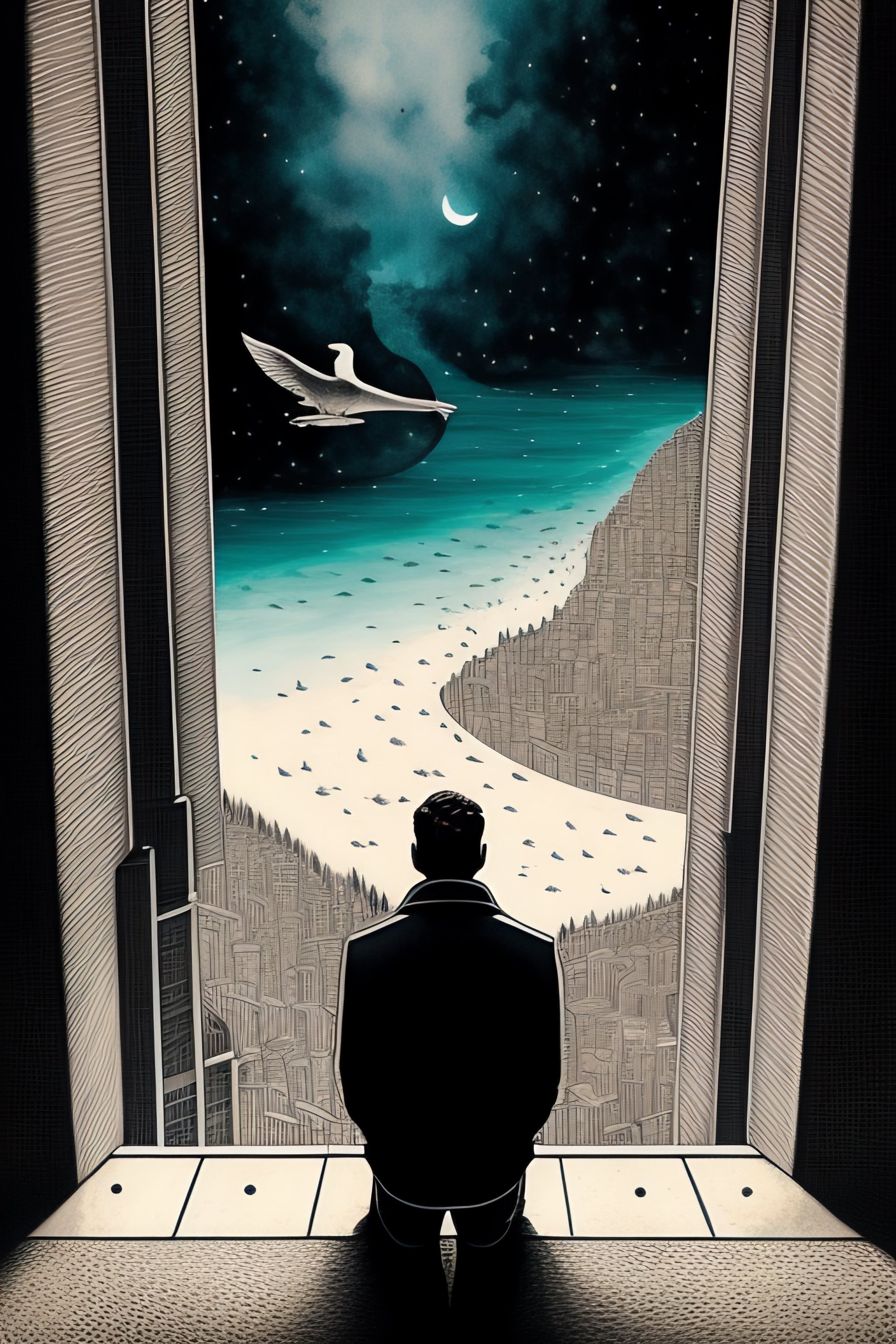 Lexica - A alone man. pen and ink ,birds eye view, Background space