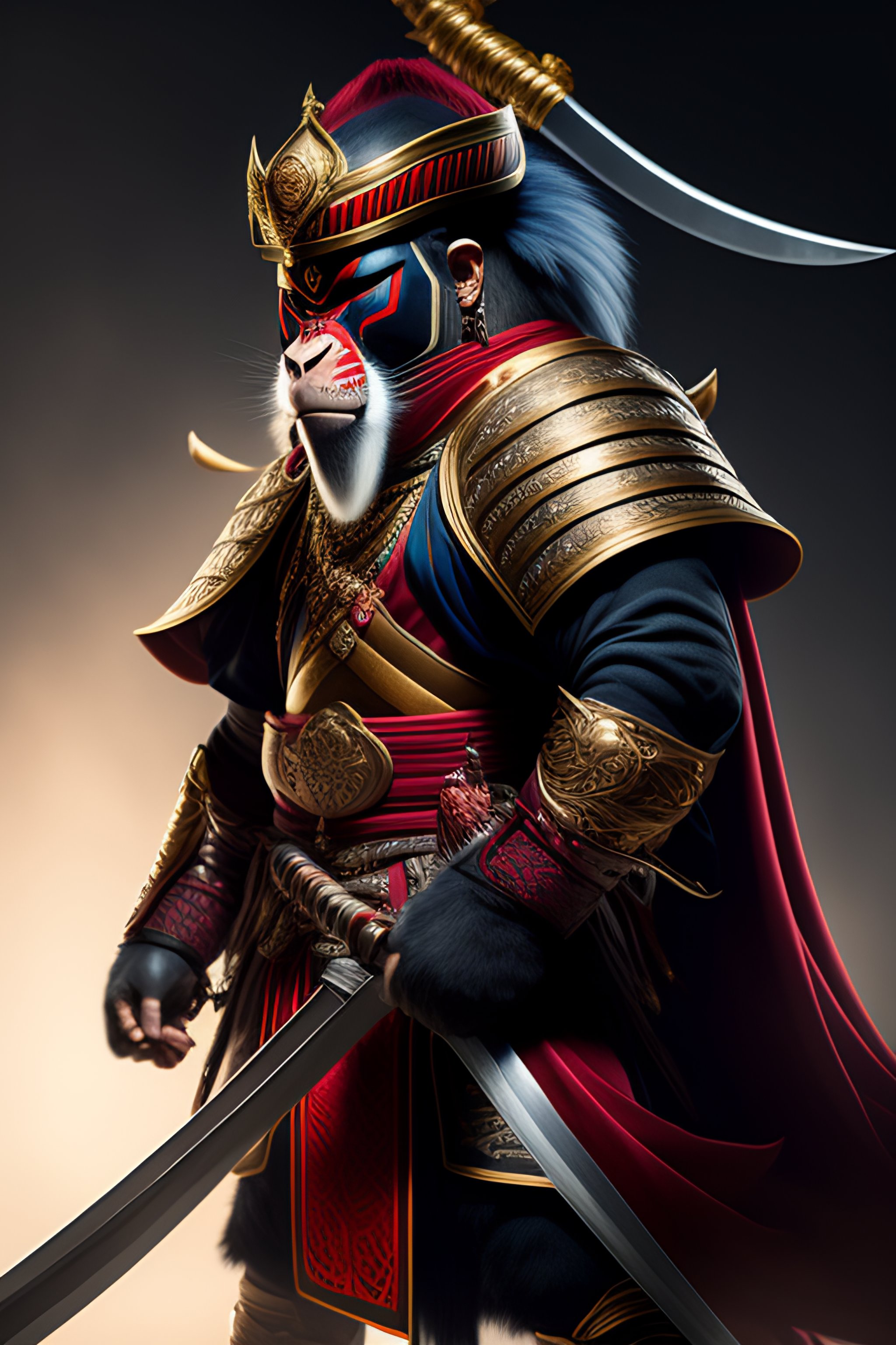 Lexica - Award-winning photo of a Mandrill samurai, red eyes, holding ...