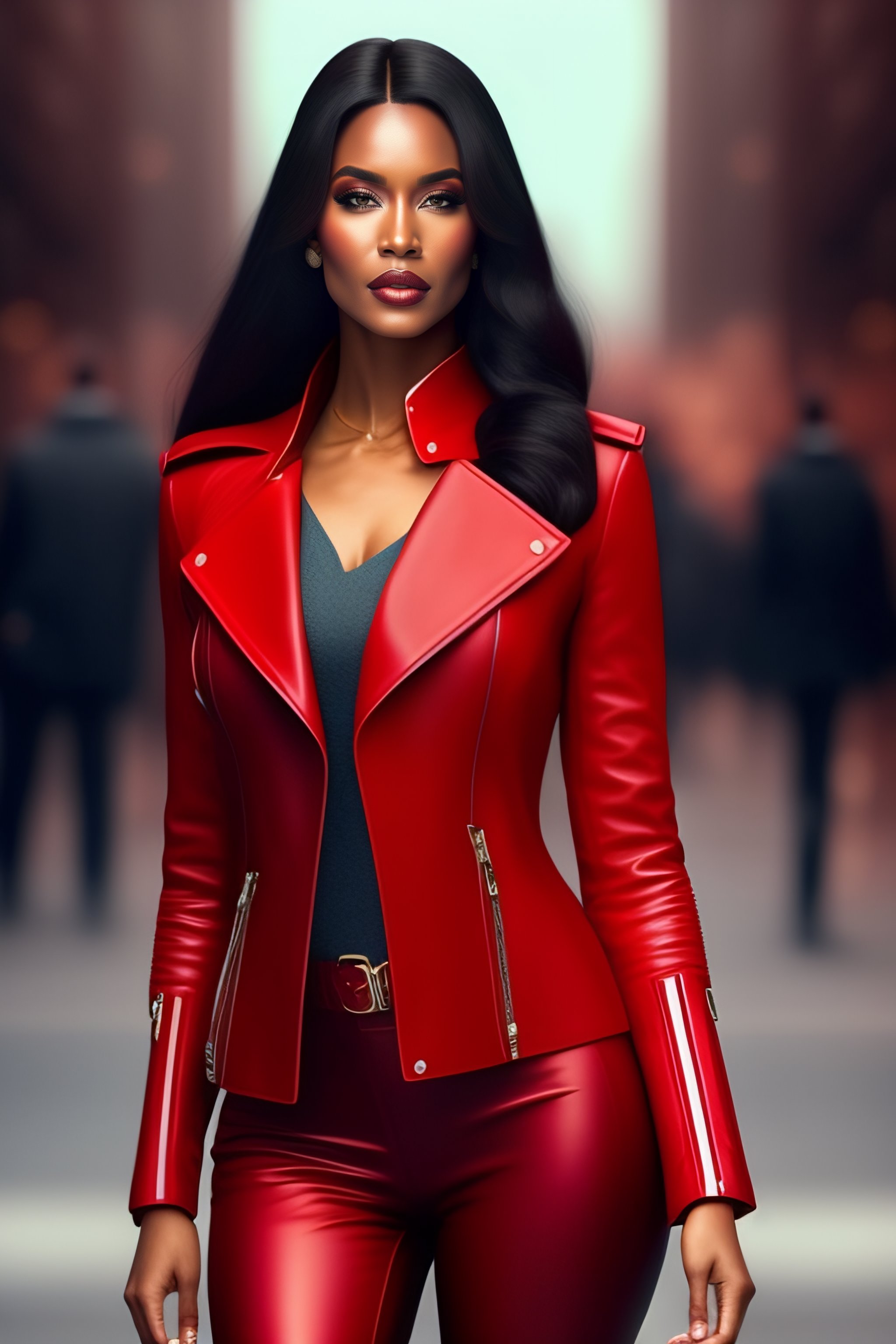 Lexica - A woman with long straight hair in a red leather jacket with a ...