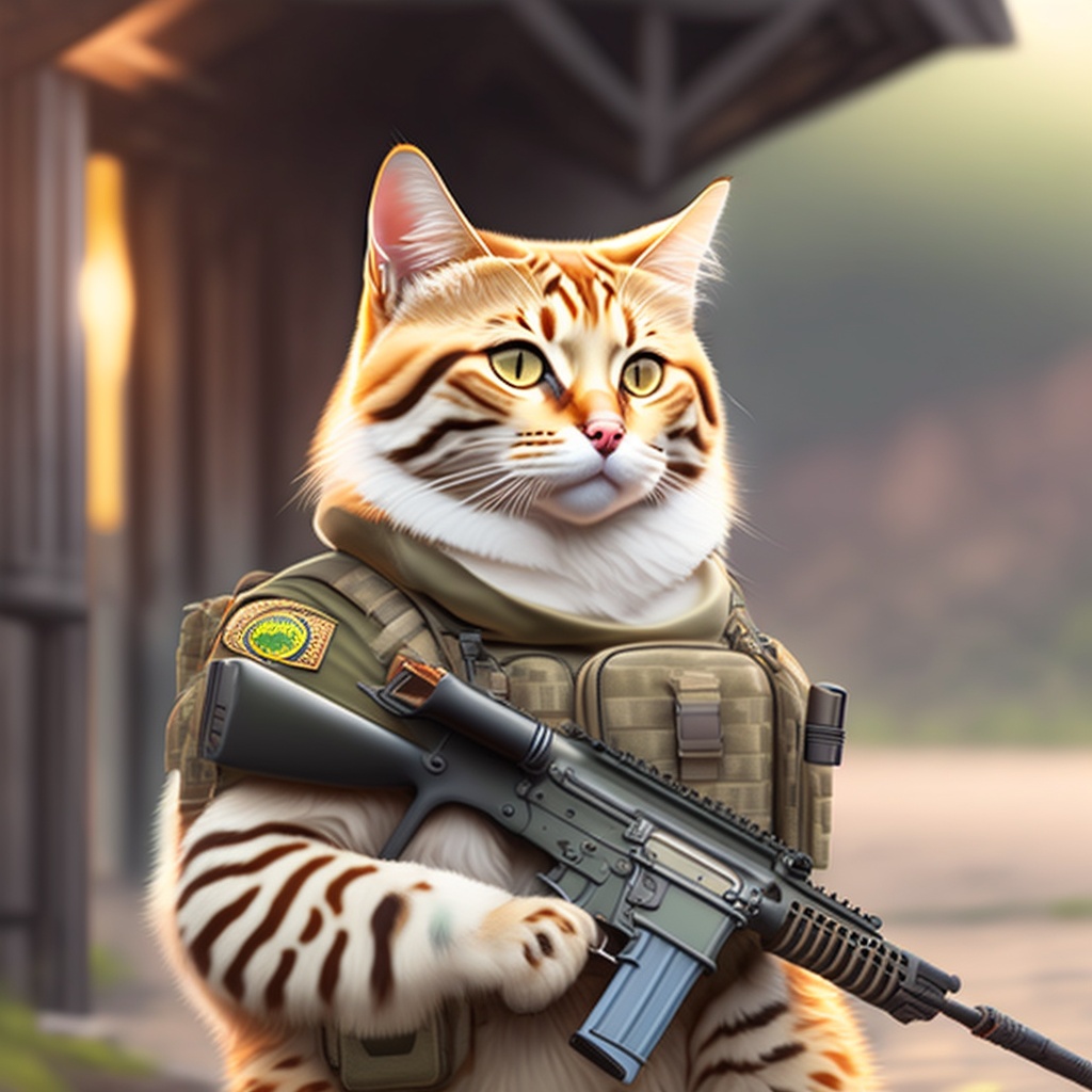 Lexica - A cut cat soldier wearing a camo uniform, armed with an AR-15