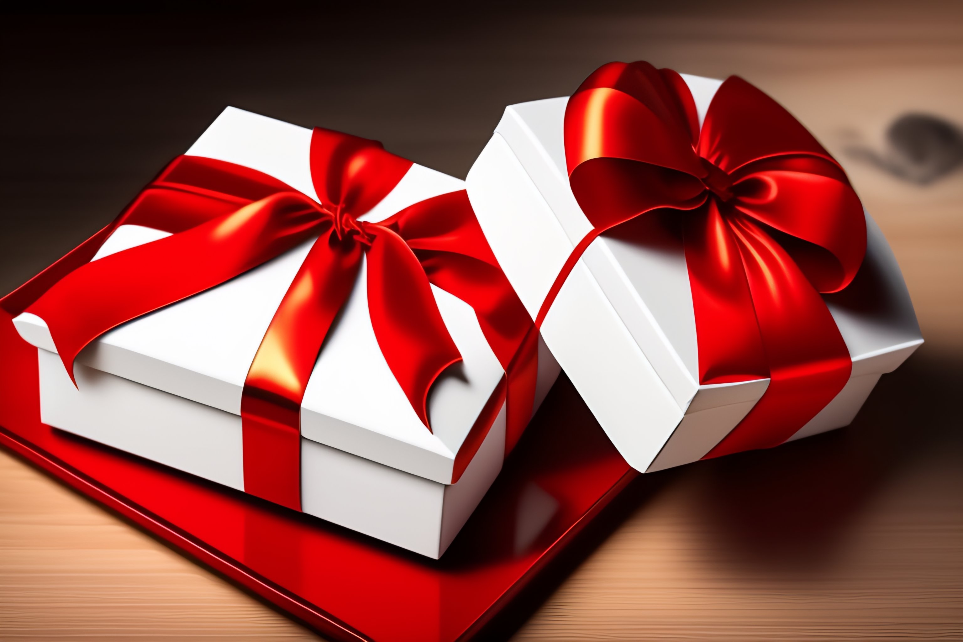 Lexica - Open gift white box with glow inside, red undone ribbon