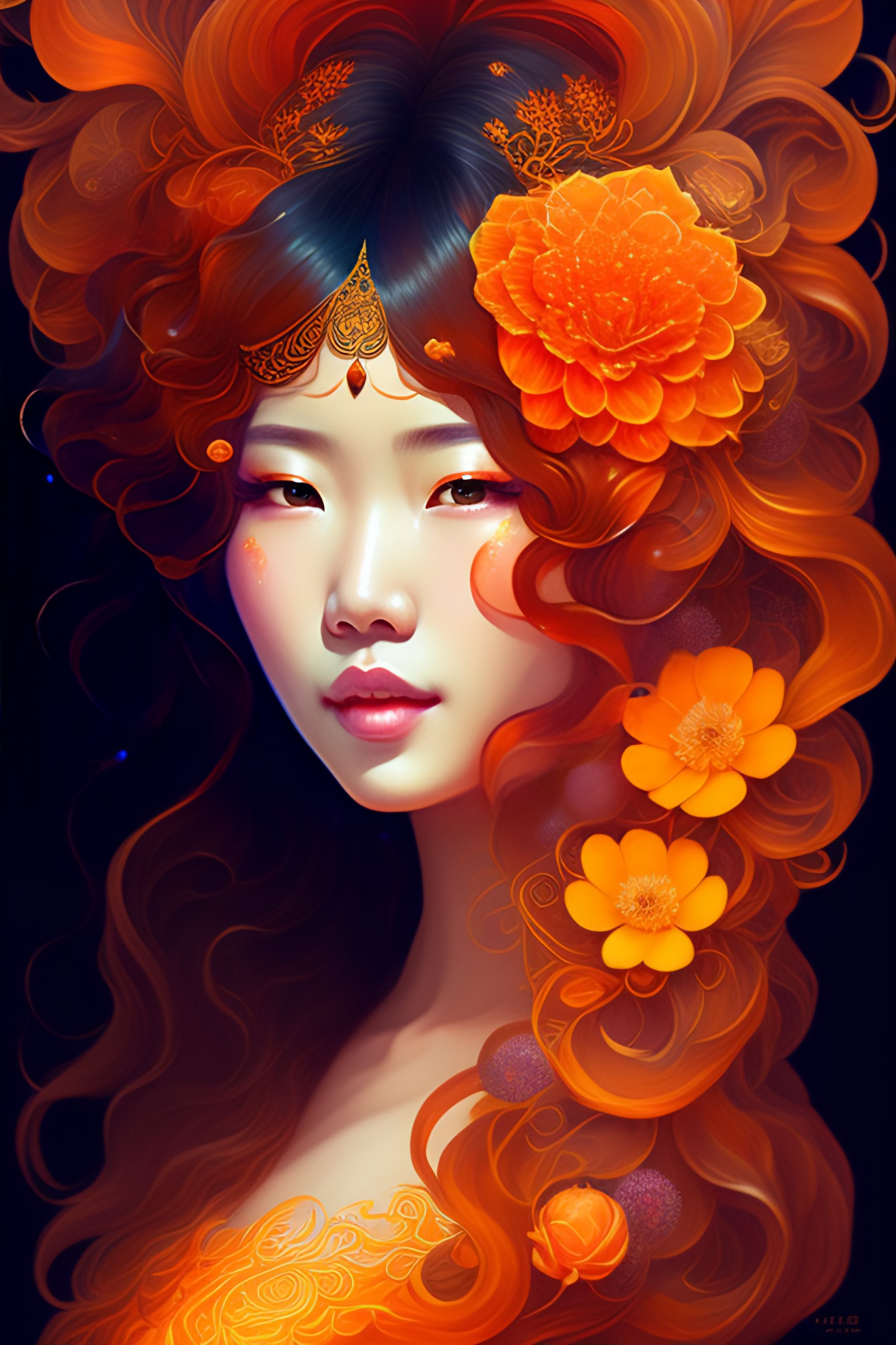 Lexica - Beautiful cute front portrait Korean ninfa, big long curly ...